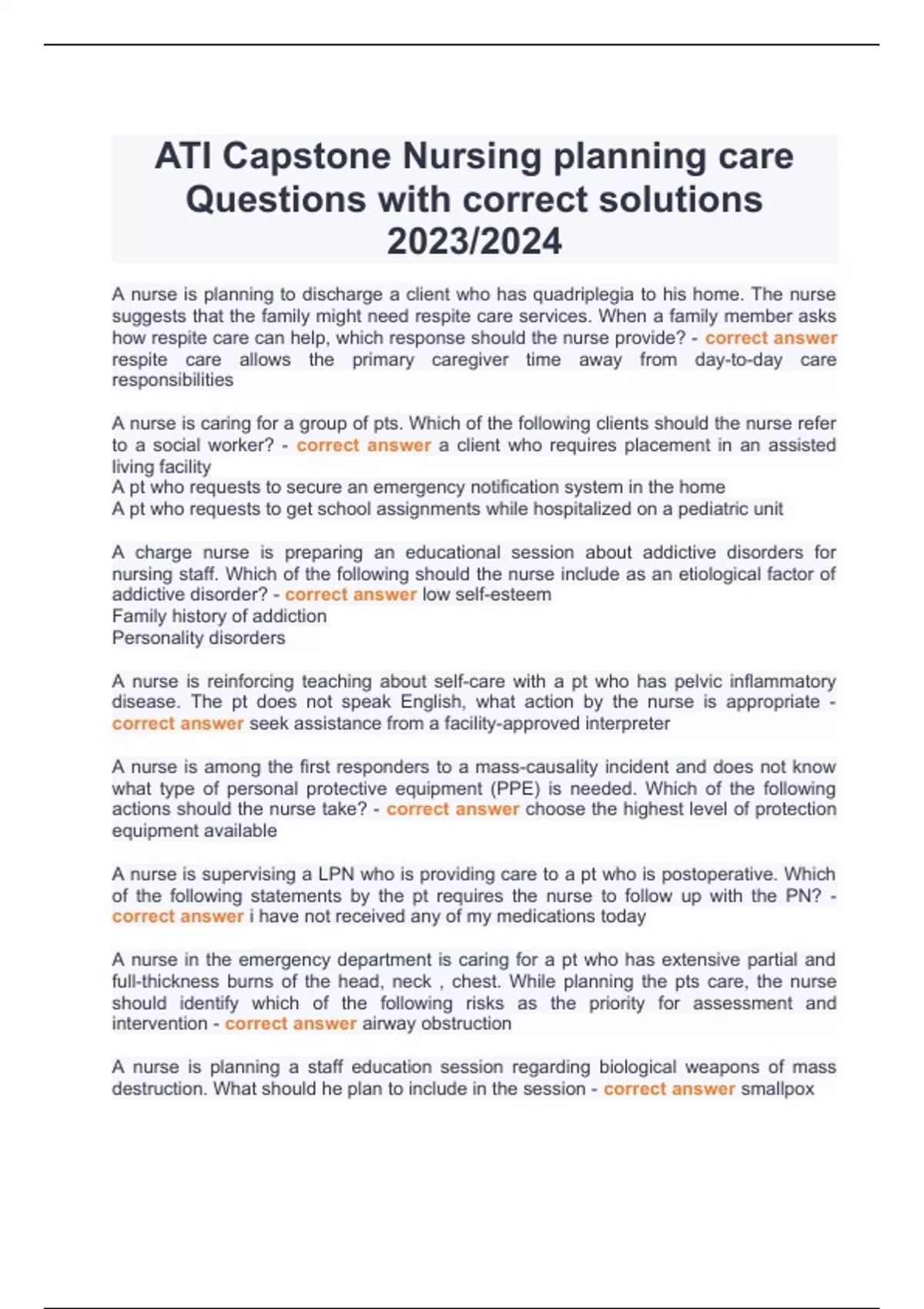 ATI Capstone Nursing planning care Questions with correct solutions 2023/2024 - ATI Capstone ...