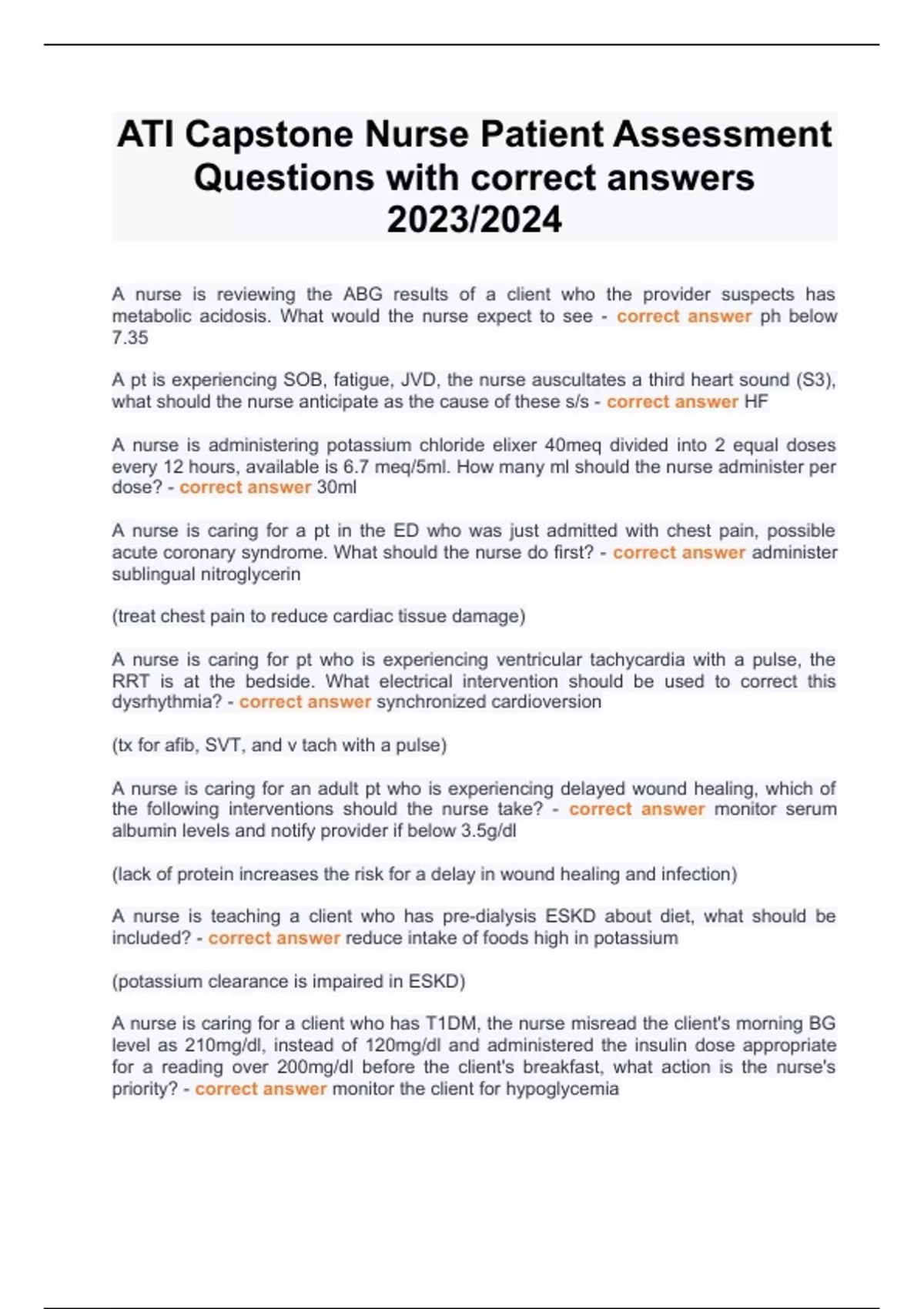 ATI Capstone Nurse Patient Assessment Questions with correct answers ...