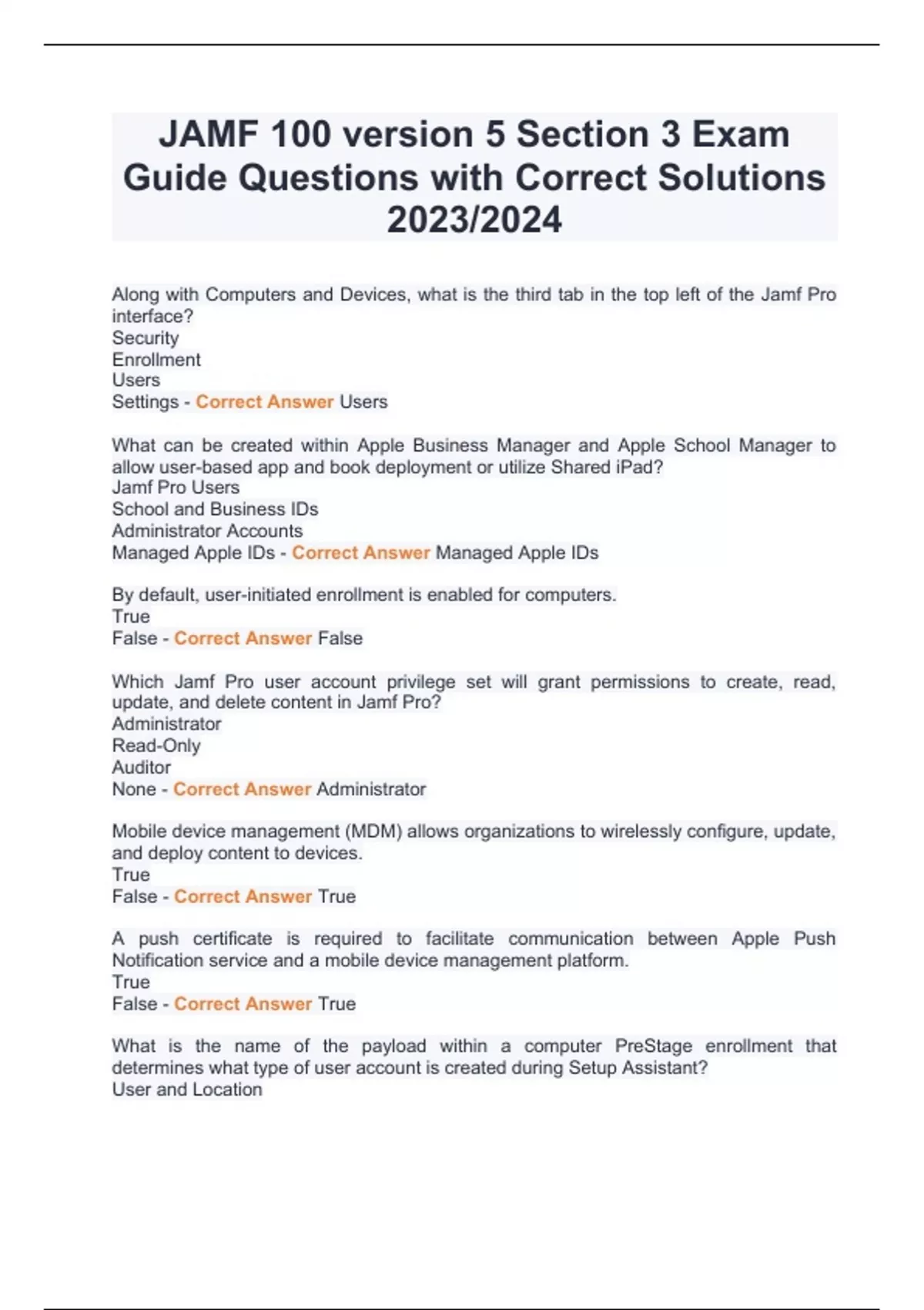 JAMF 100 version 5 Section 3 Exam Guide Questions with Correct Solutions 2023/2024 - Jamf 100 ...