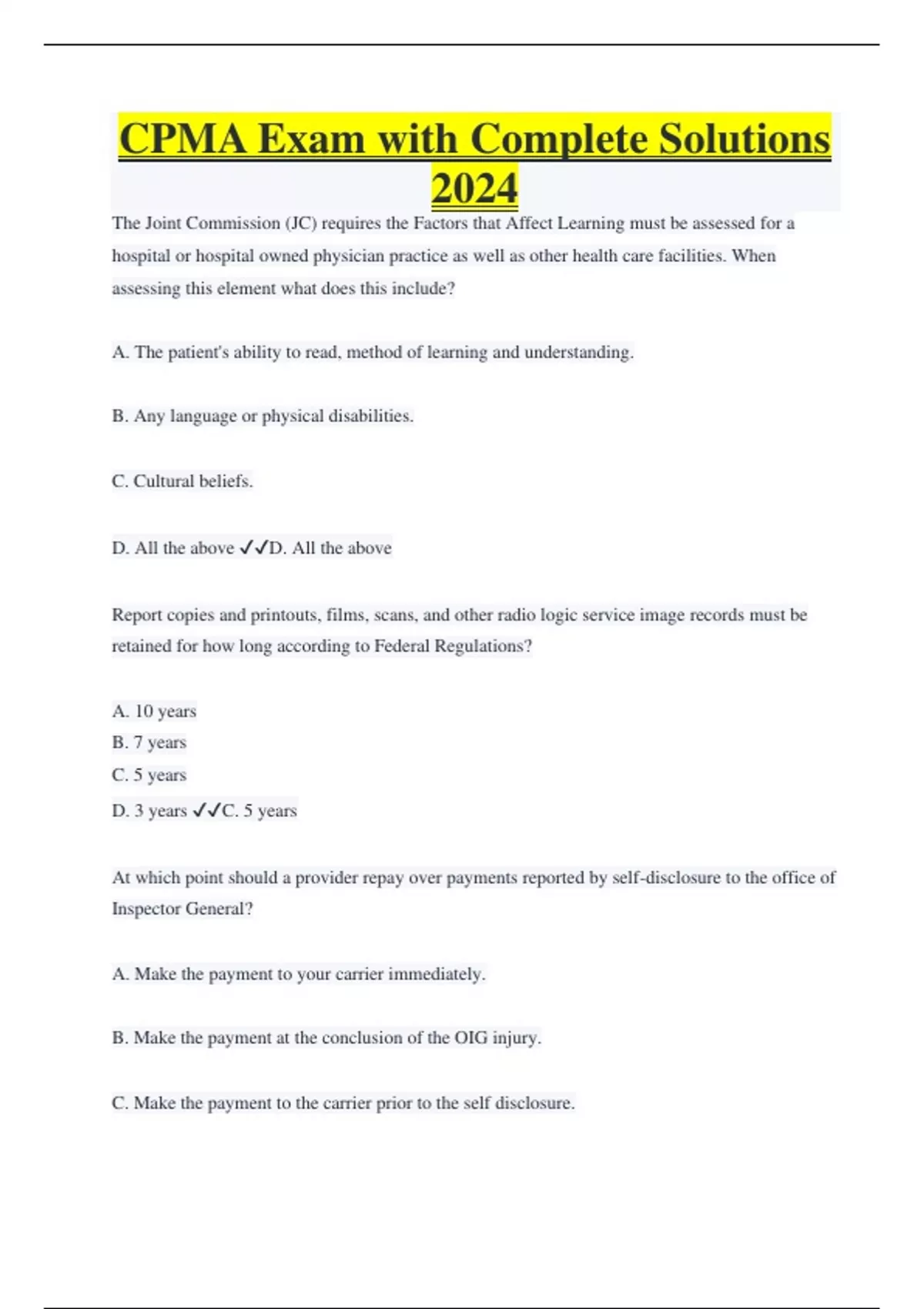 CPMA Exam with Complete Solutions 2024 - CPMA - Stuvia US