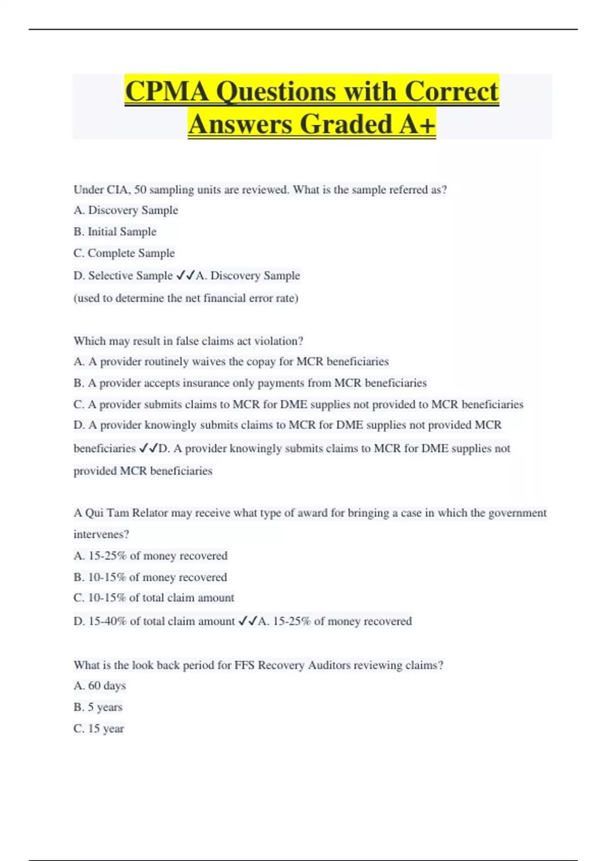 CPMA Questions with Correct Answers Graded A+ - CPMA - Stuvia US
