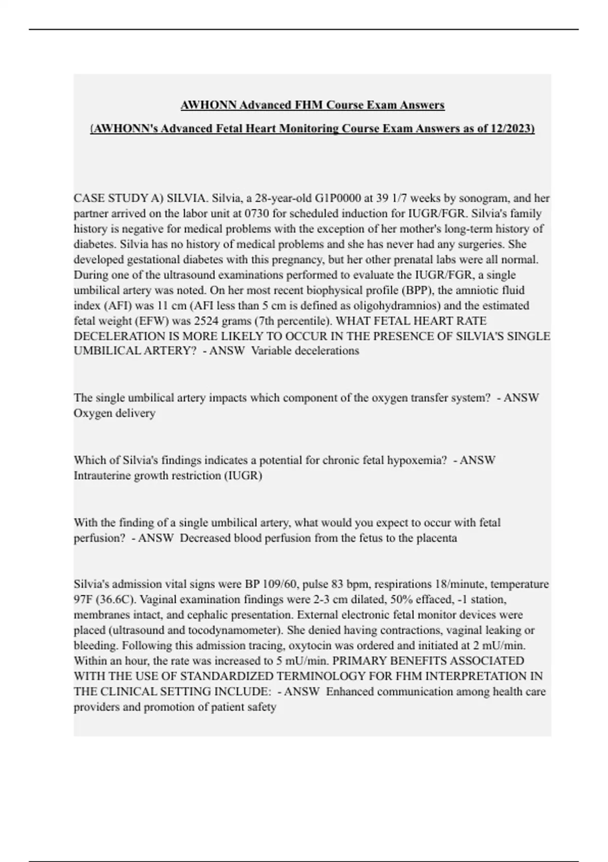 AWHONN Advanced FHM Course Exam Answers (AWHONN's Advanced Fetal Heart ...