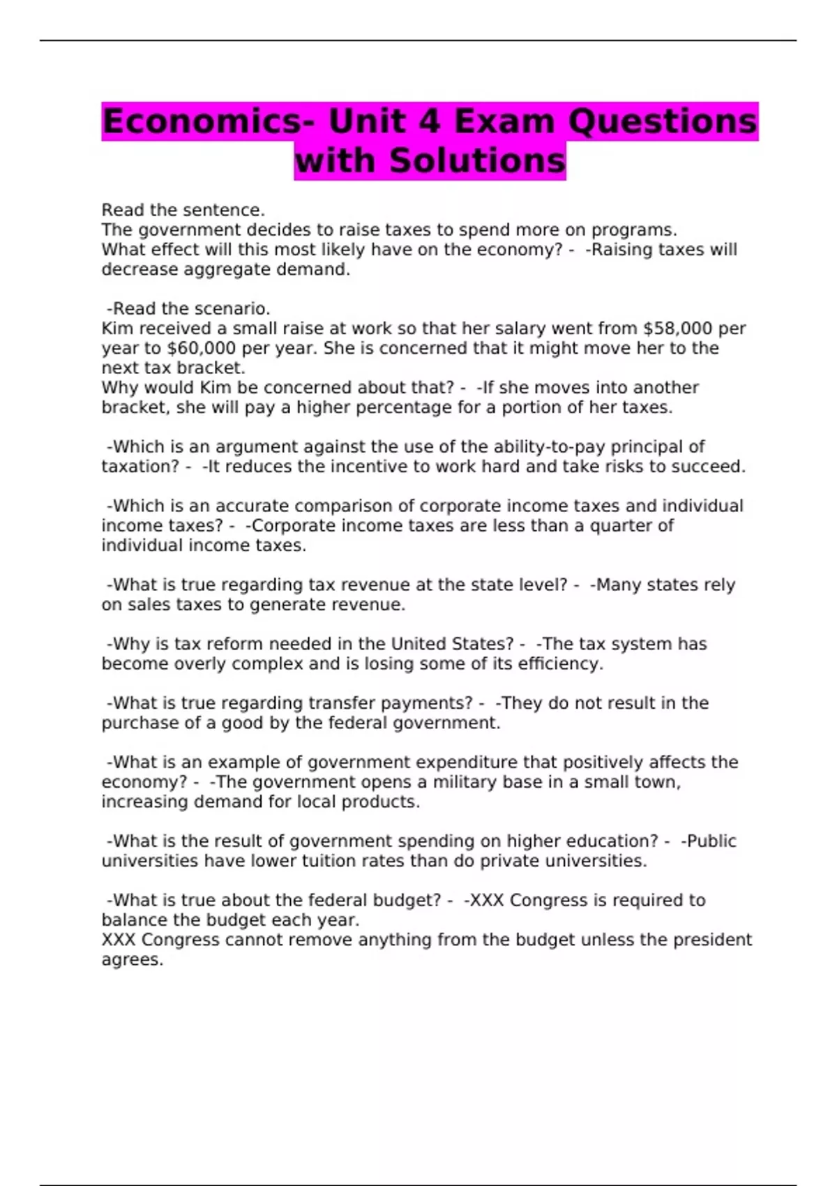 Economics- Unit 4 Exam Questions with Solutions - Economics- Unit 4 ...