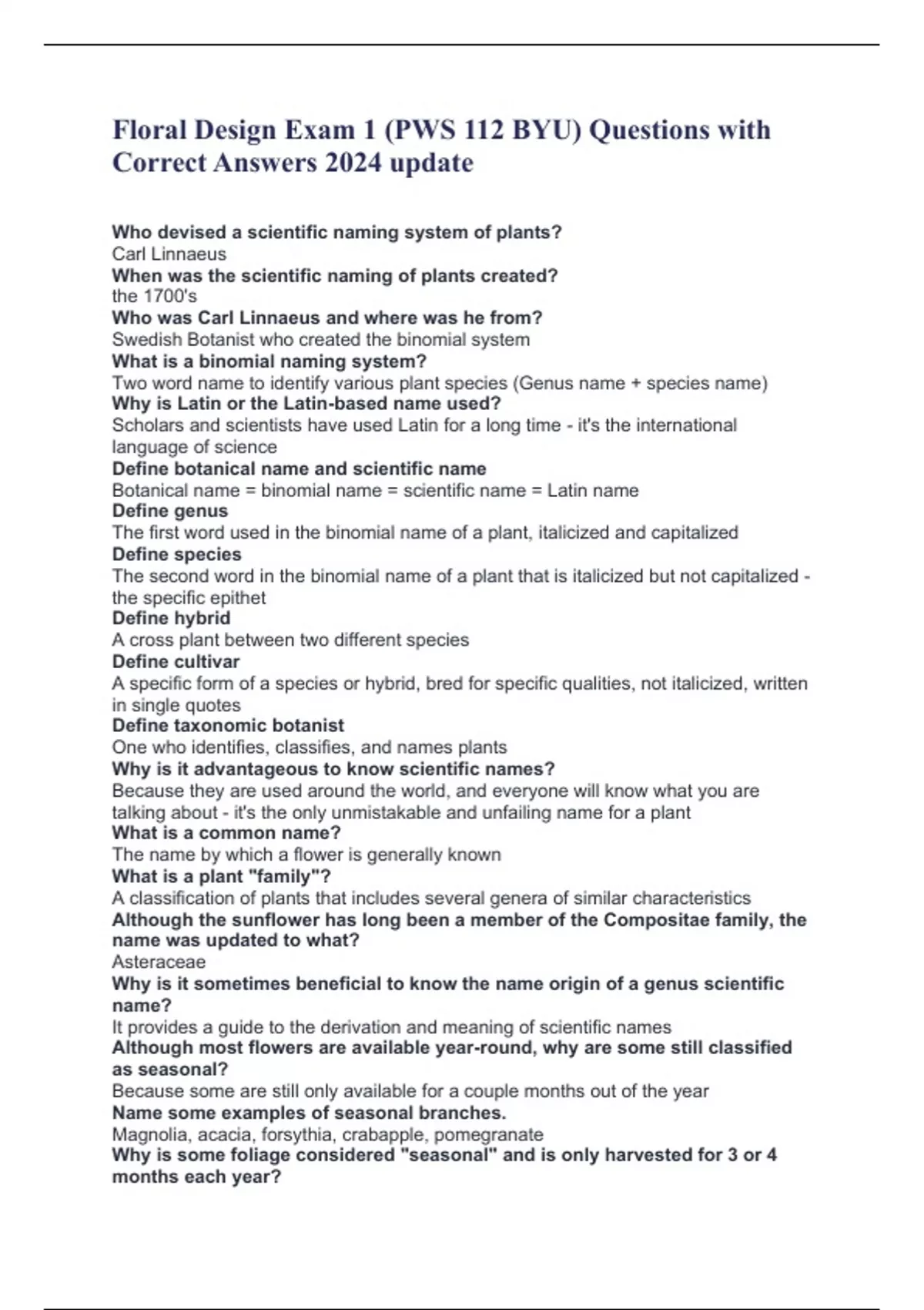 Floral Design Exam 1 (PWS 112 BYU) Questions with Correct Answers 2024 ...