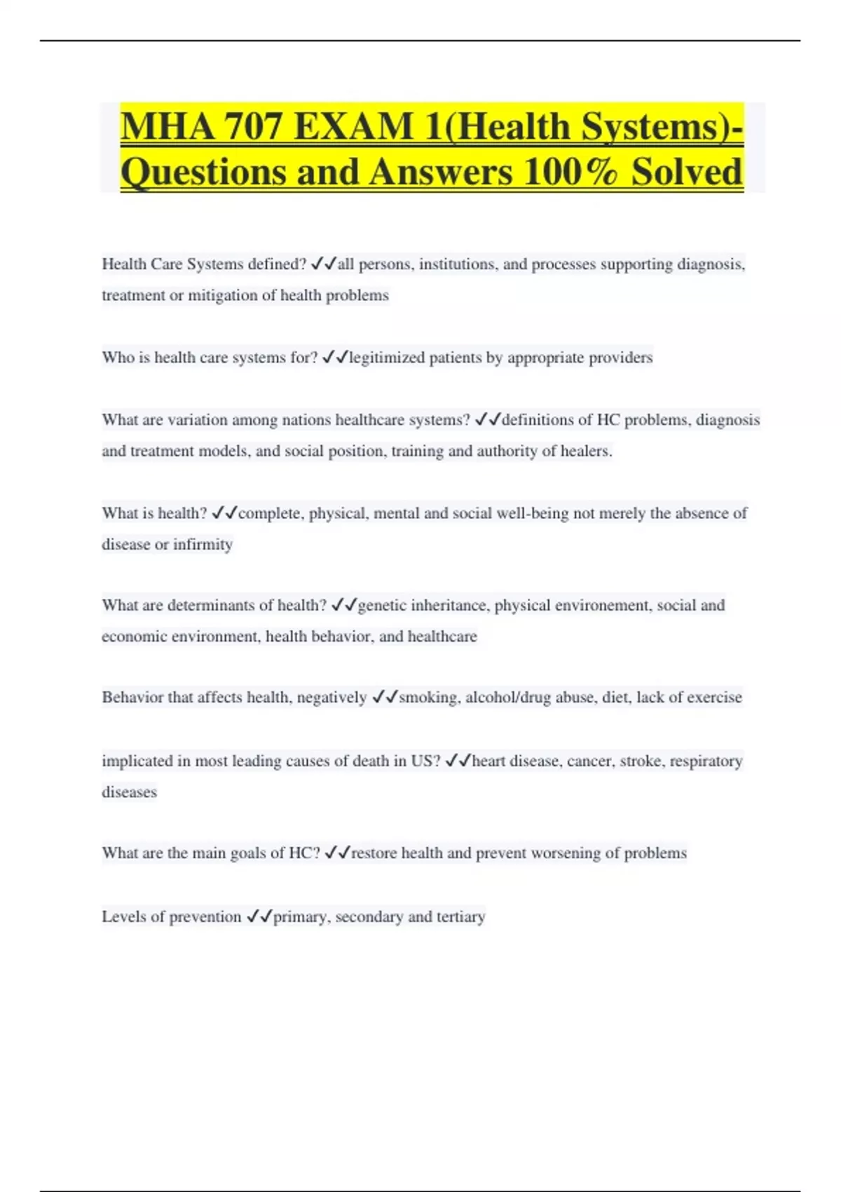 MHA 707 EXAM 1(Health Systems)- Questions and Answers 100% Solved - MHA ...