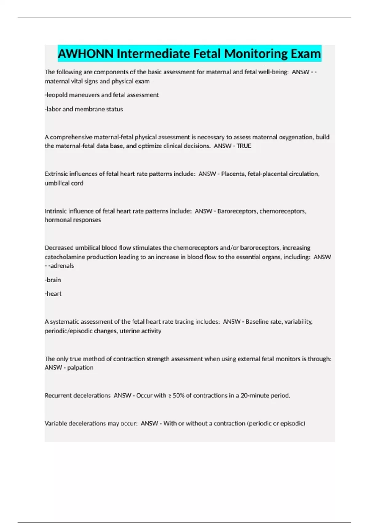 AWHONN Intermediate Fetal Monitoring Exam - Fetal monitoring - Stuvia US