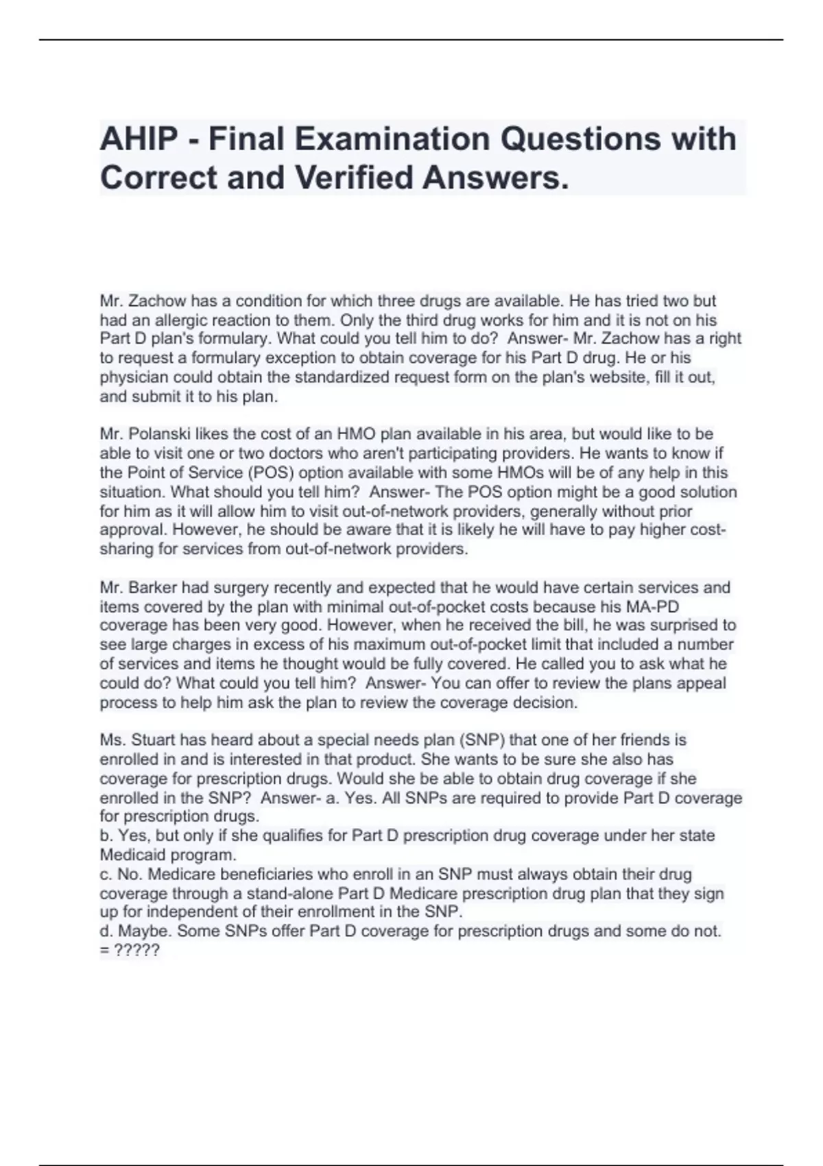 AHIP - Final Examination Questions with Correct and Verified Answers ...