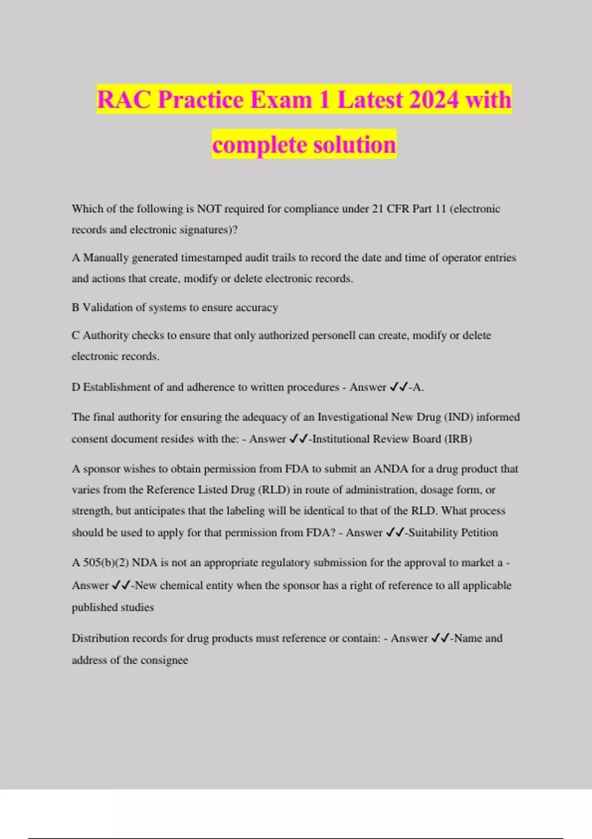 RAC Practice Exam 1 Latest 2024 with complete solution - RAC - Stuvia US