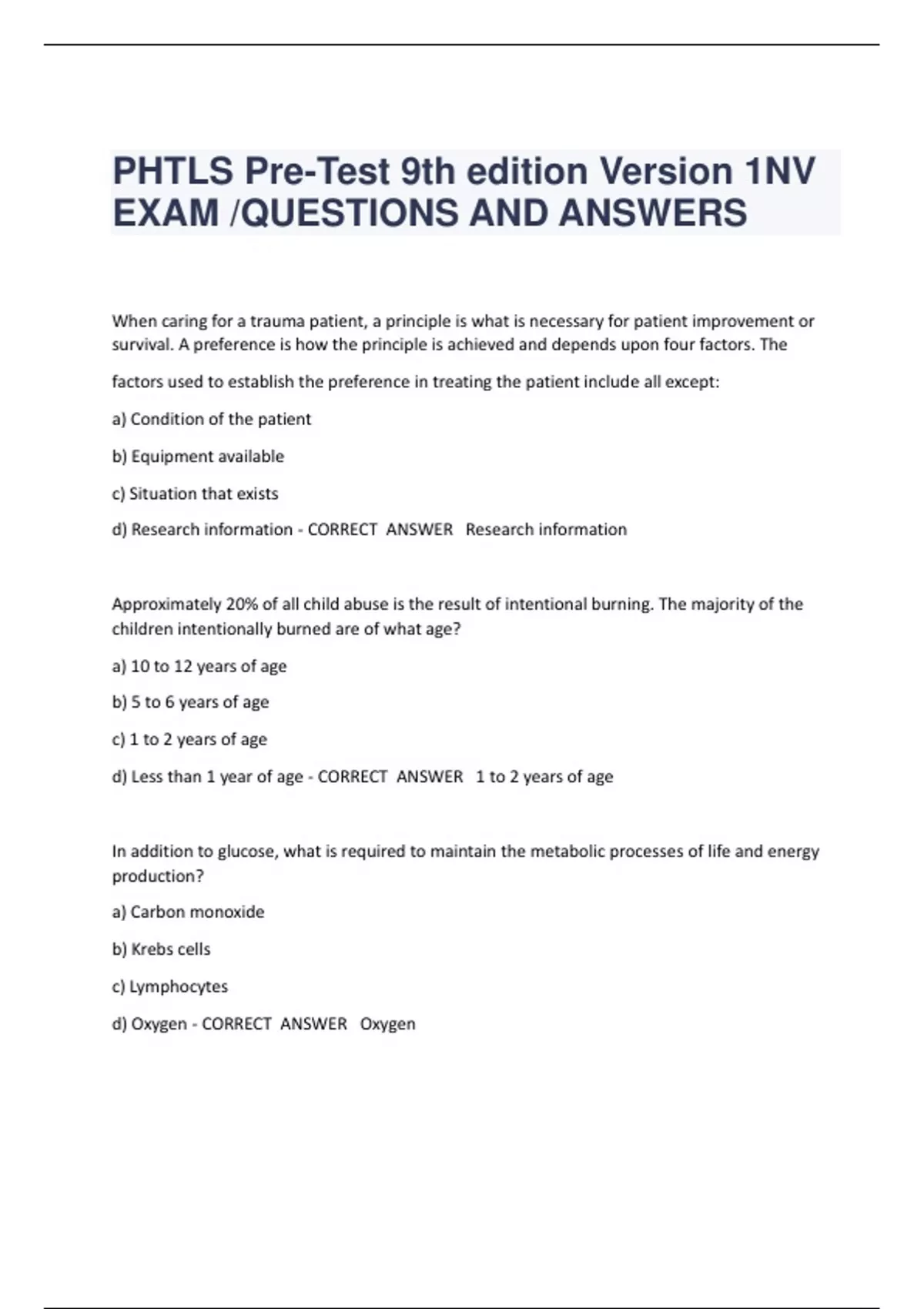 PHTLS Pre-Test 9th edition Version 1NV EXAM /QUESTIONS AND ANSWERS ...