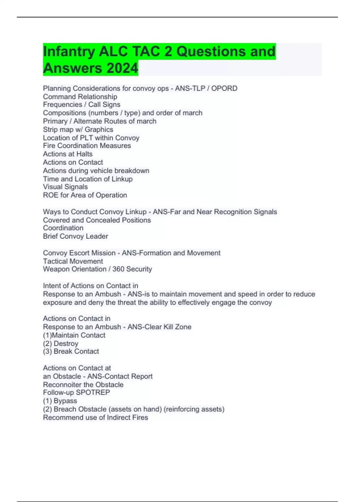 Infantry ALC TAC 2 Questions and Answers 2024 - Infantry ALC - Stuvia US