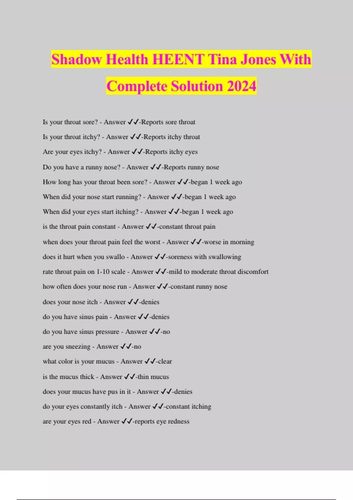 Shadow Health HEENT Tina Jones With Complete Solution 2024 - Shadow ...