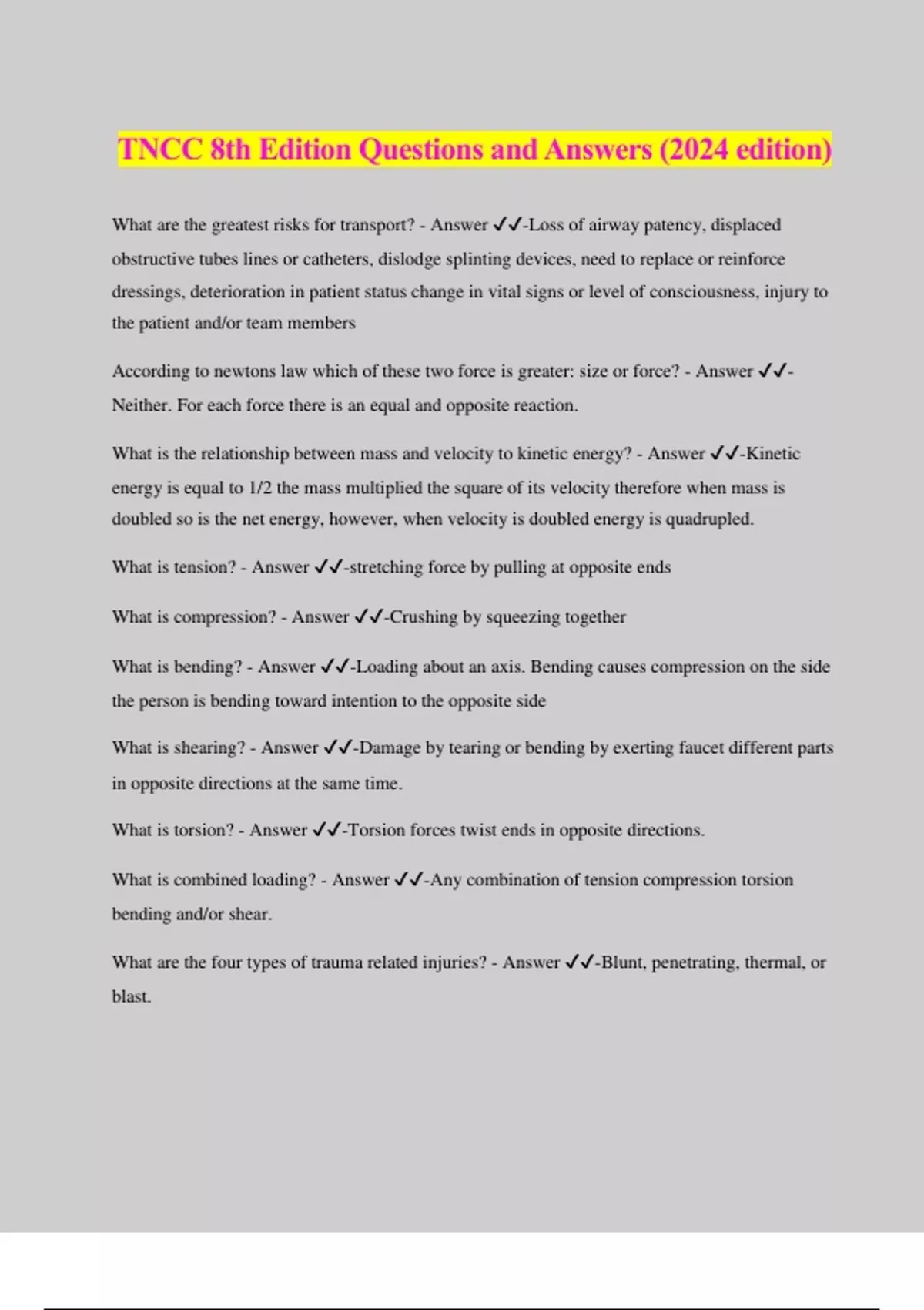 TNCC 9th Edition Questions and Answers (2024 edition) 100% Pass - TNCC ...