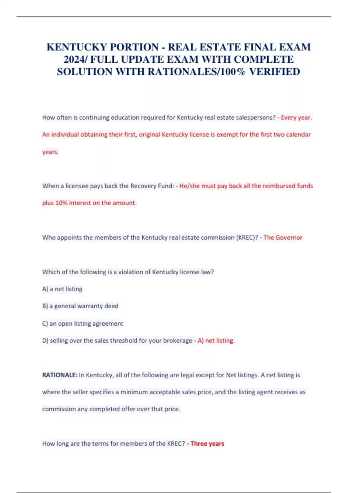 KENTUCKY PORTION - REAL ESTATE FINAL EXAM 2024/ FULL UPDATE EXAM WITH ...