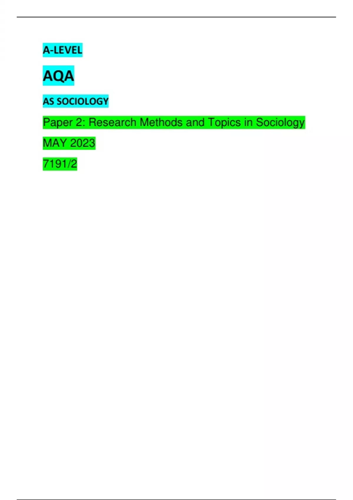 A-LEVEL AQA AS SOCIOLOGY Paper 2: Research Methods and Topics in ...