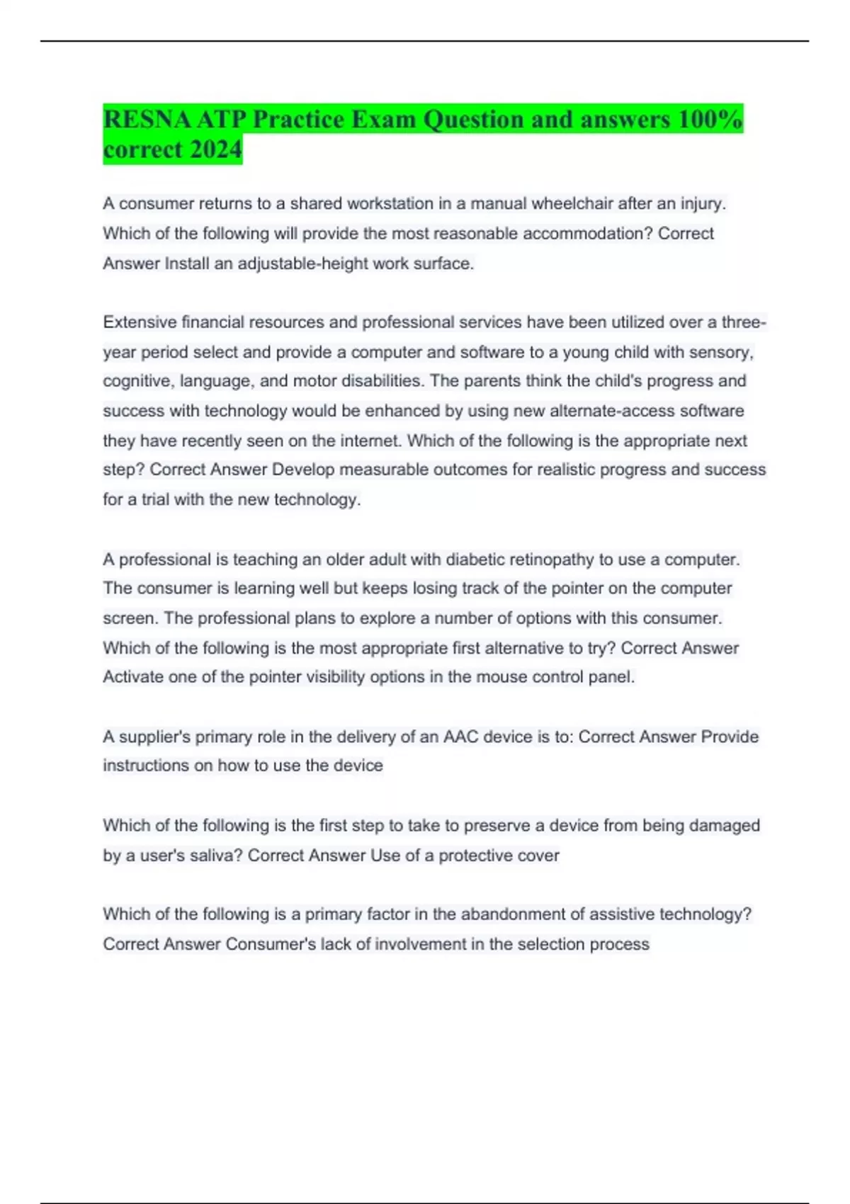 RESNA ATP Practice Exam Question and answers 100% correct 2024 - RESNA ...