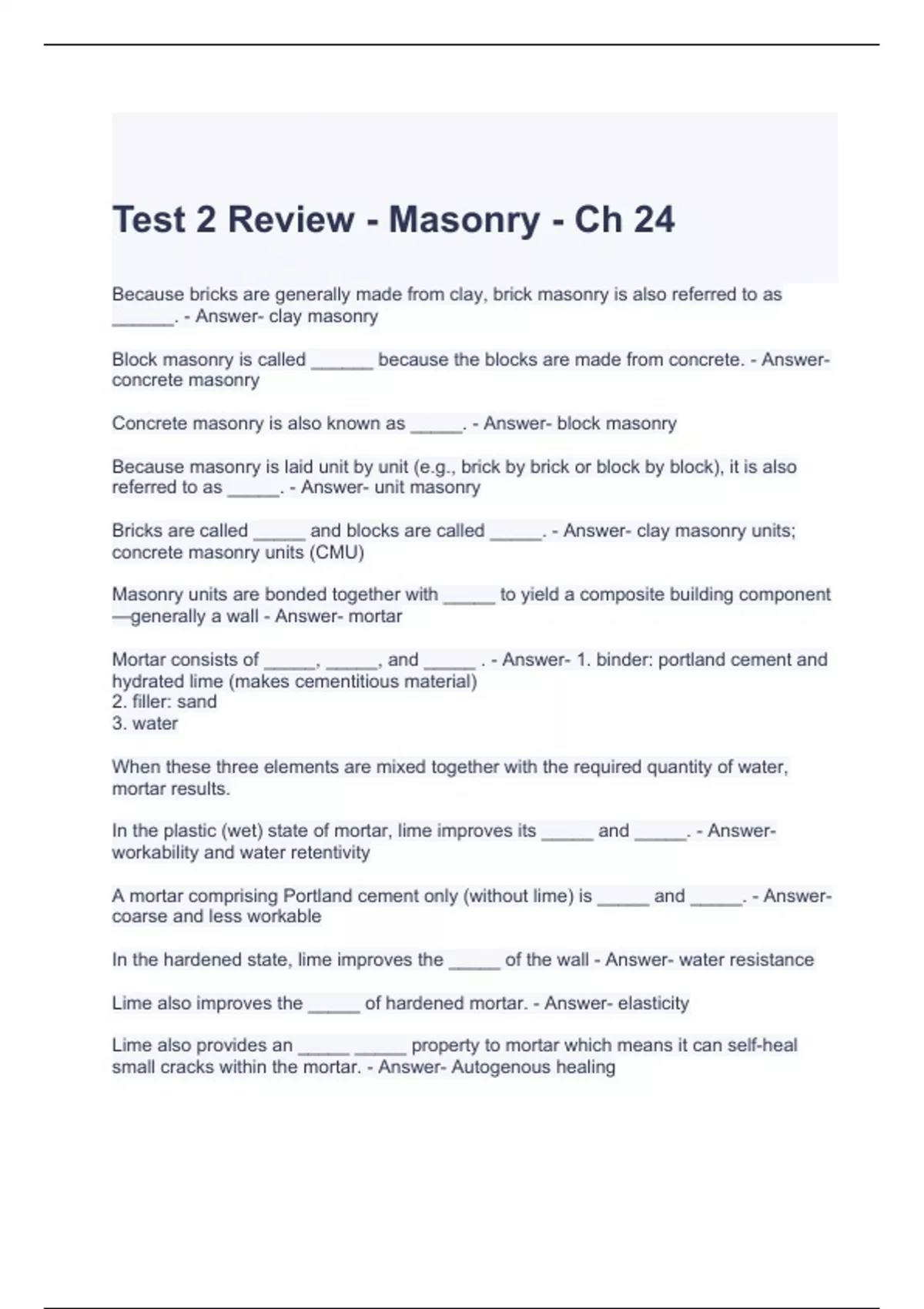 Test 2 Review - Masonry Questions and Answers 2024 - Masonry - Stuvia US