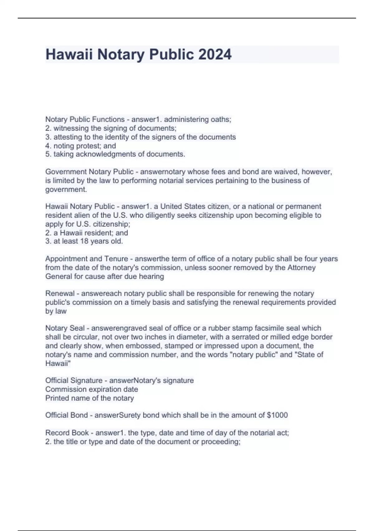 Hawaii Notary Public 2024 Questions with correct Answers - Hawaii ...