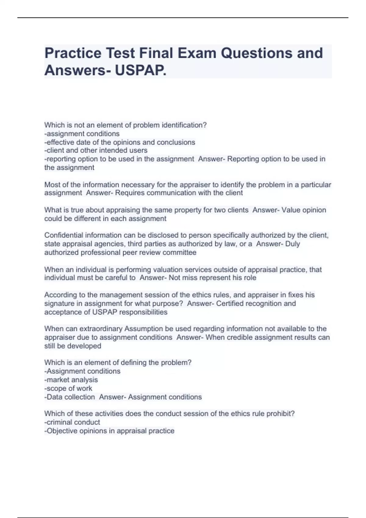 Practice Test Final Exam Questions and Answers - Uspap - Stuvia US