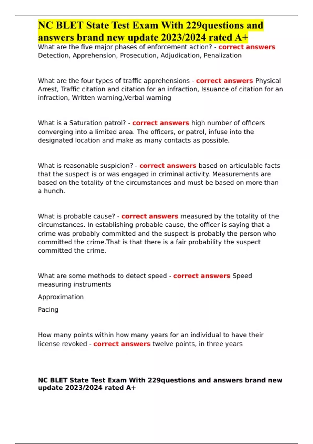 NC BLET State Test Exam With 229questions and answers brand new update ...