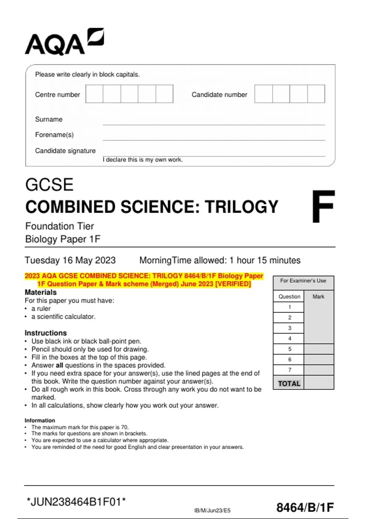 2023 AQA GCSE COMBINED SCIENCE: TRILOGY 8464/B/1F Biology Paper 1F ...