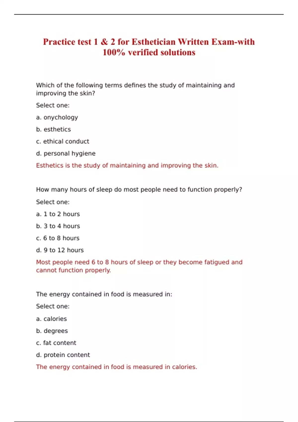 Practice test 1 & 2 for Esthetician Written Exam-with 100% verified ...