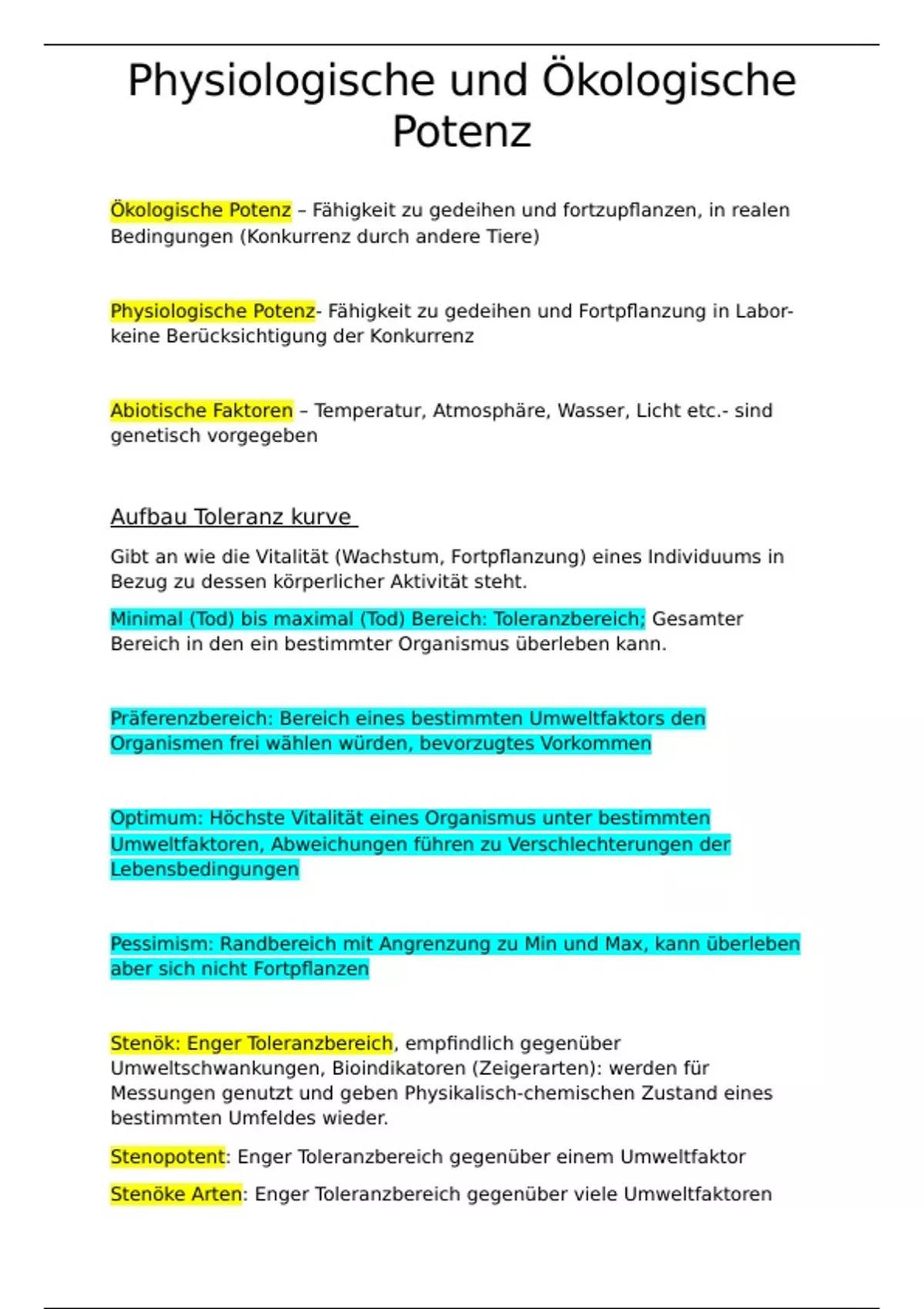 Physiologische und Ökologische Potenz - Biologie - Stuvia DE