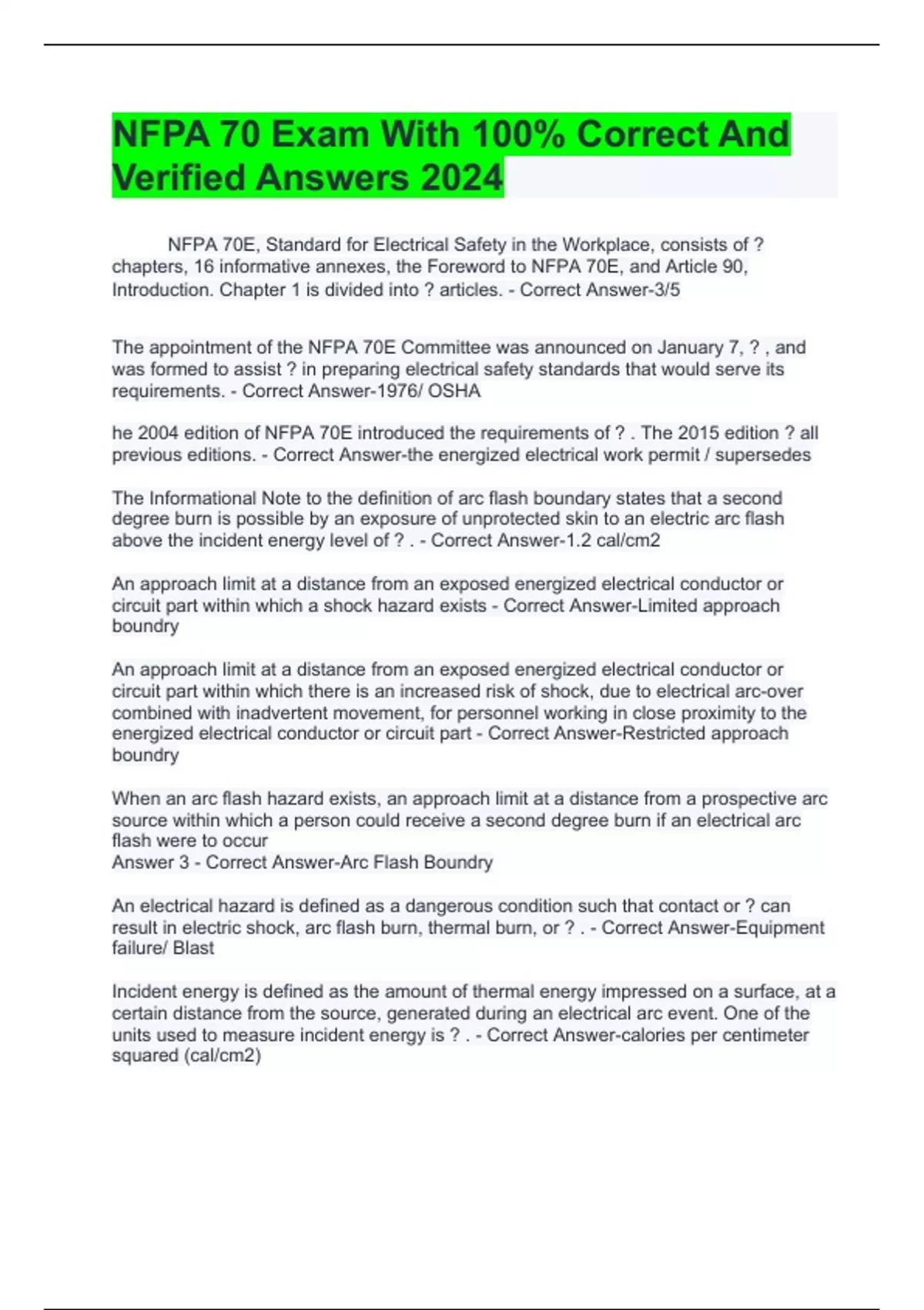 NFPA 70 Exam With 100% Correct And Verified Answers 2024 - NFPA 70 ...