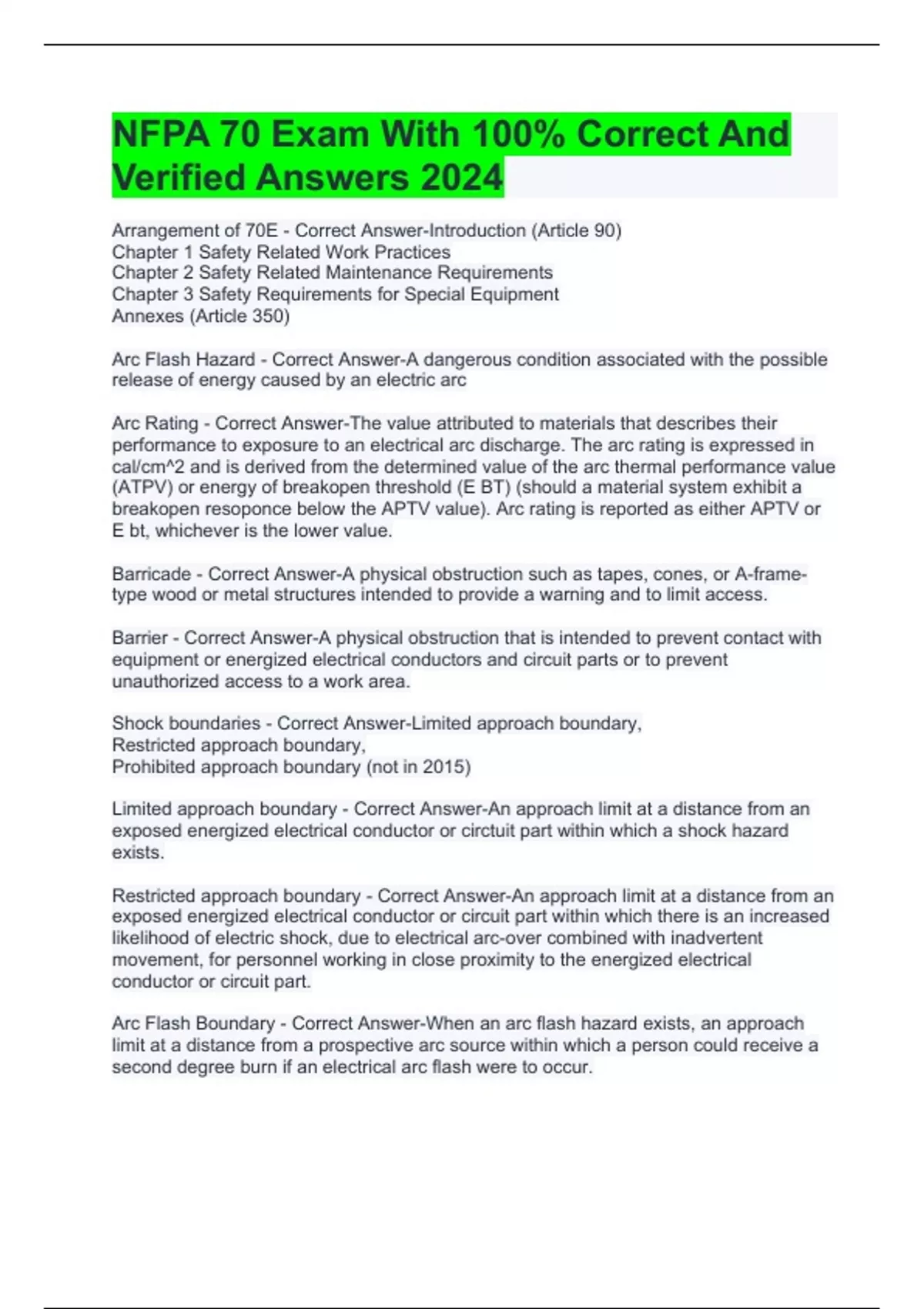 NFPA 70 Exam With 100% Correct And Verified Answers 2024 - NFPA 70E ...