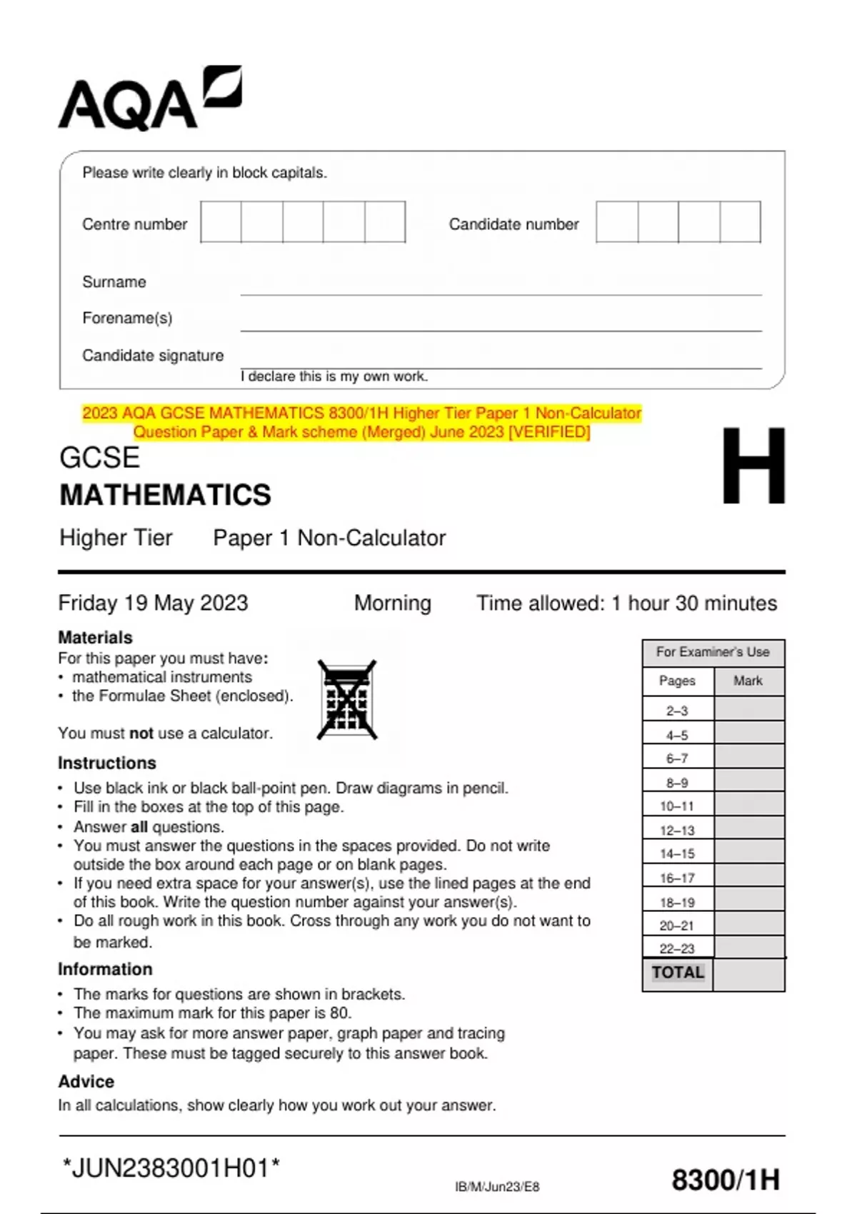 2023 AQA GCSE MATHEMATICS 8300/1H Higher Tier Paper 1 Non-Calculator Question Paper & Mark ...