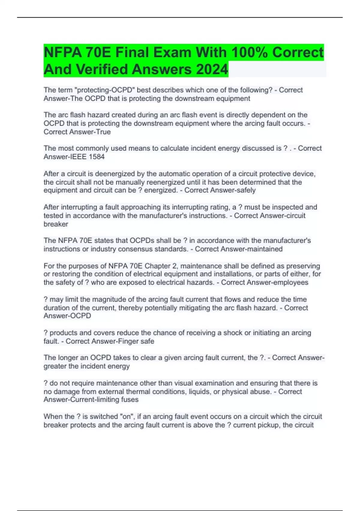 NFPA 70E Final Exam With 100% Correct And Verified Answers 2024 - NFPA ...