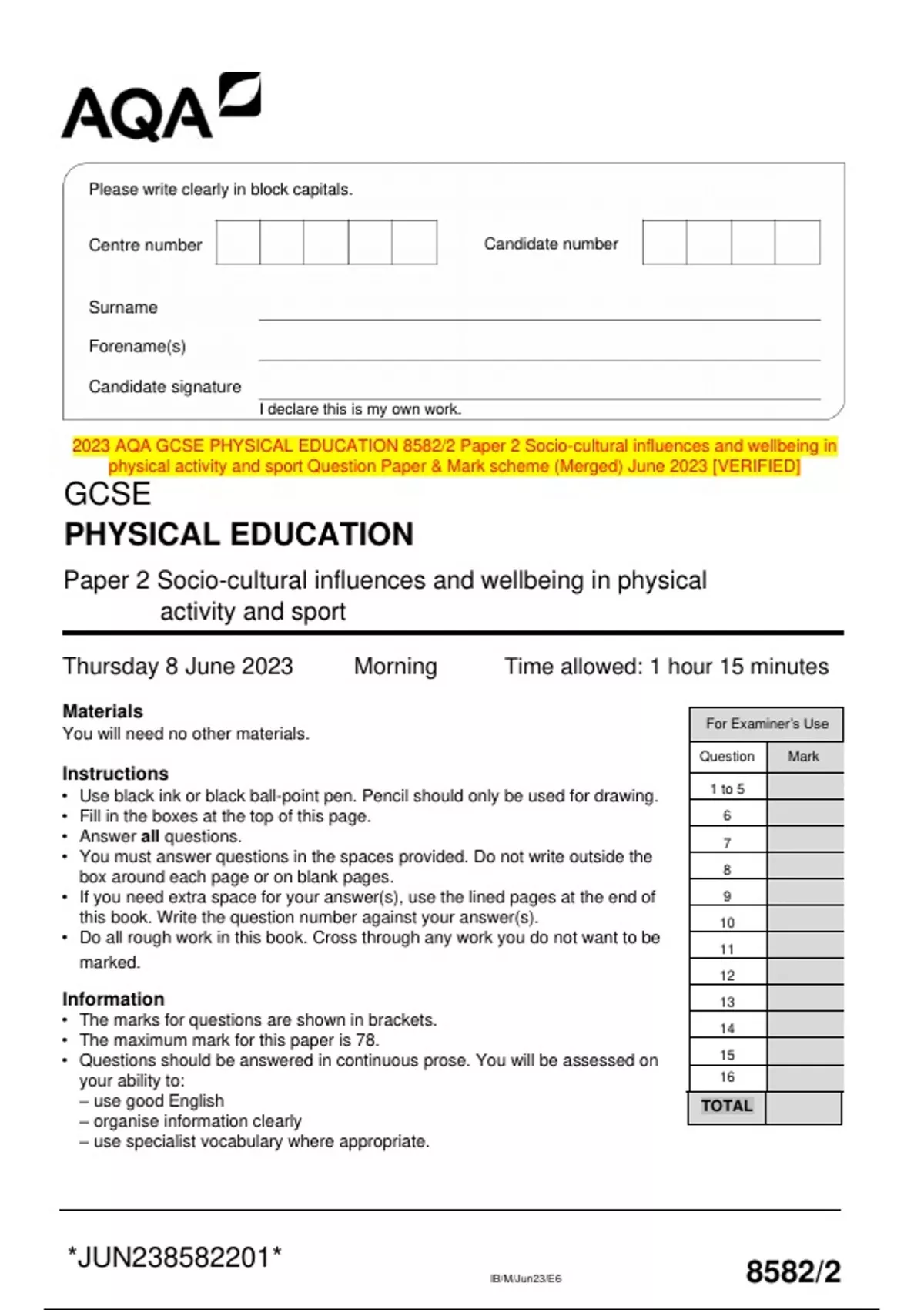 2023 AQA GCSE PHYSICAL EDUCATION 8582/1 Paper 1 The human body and ...