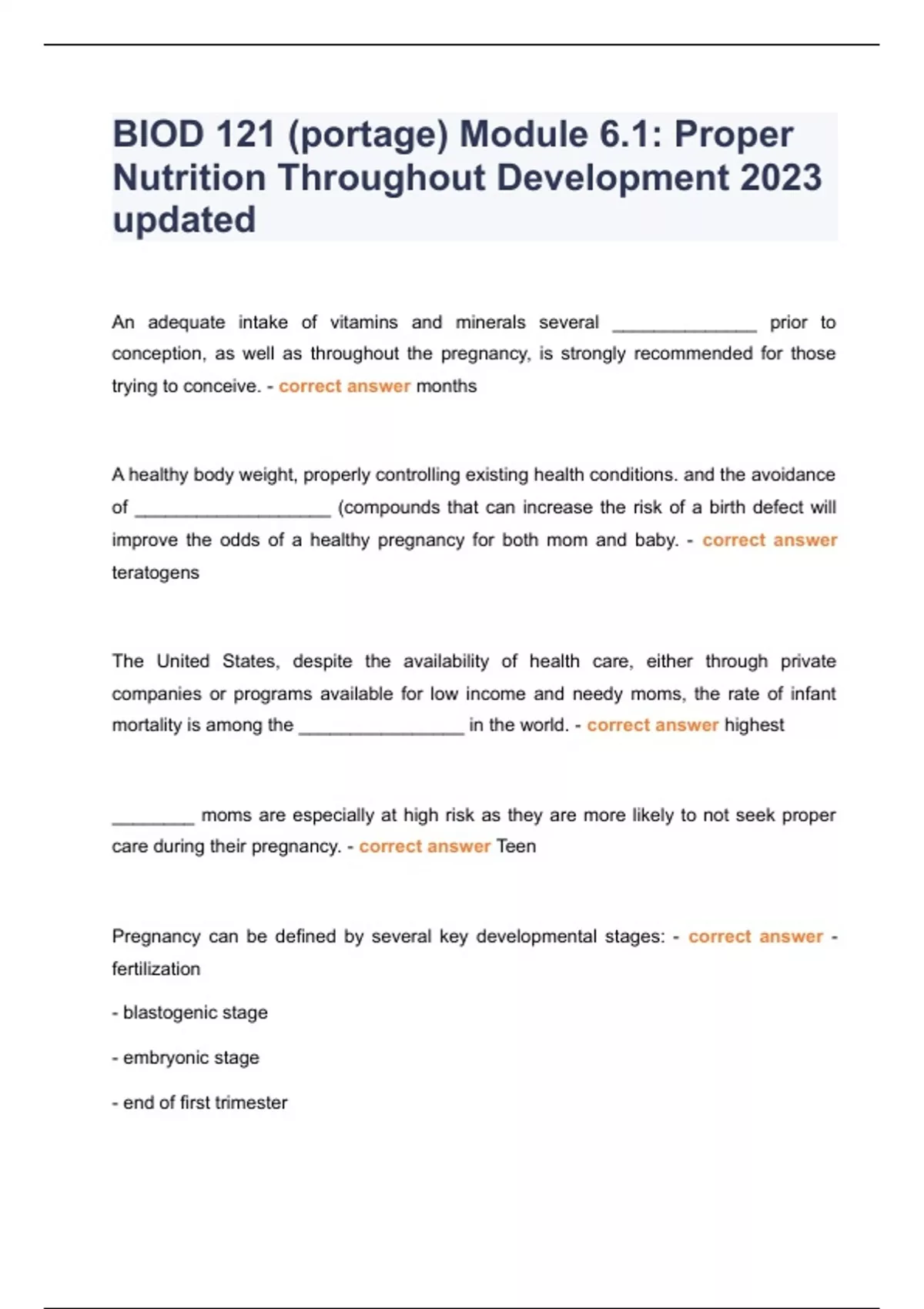 BIOD 121 Pregnancy Development Stages Portage Module 6.1 Questions and ...