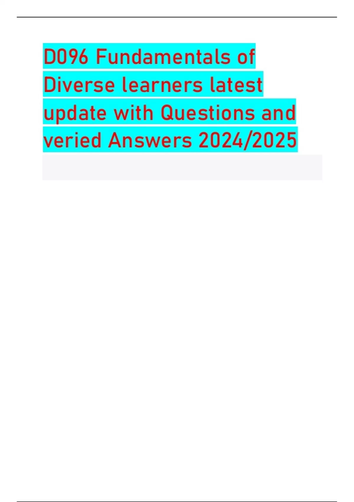 D096 Fundamentals of Diverse learners latest update with Questions and ...