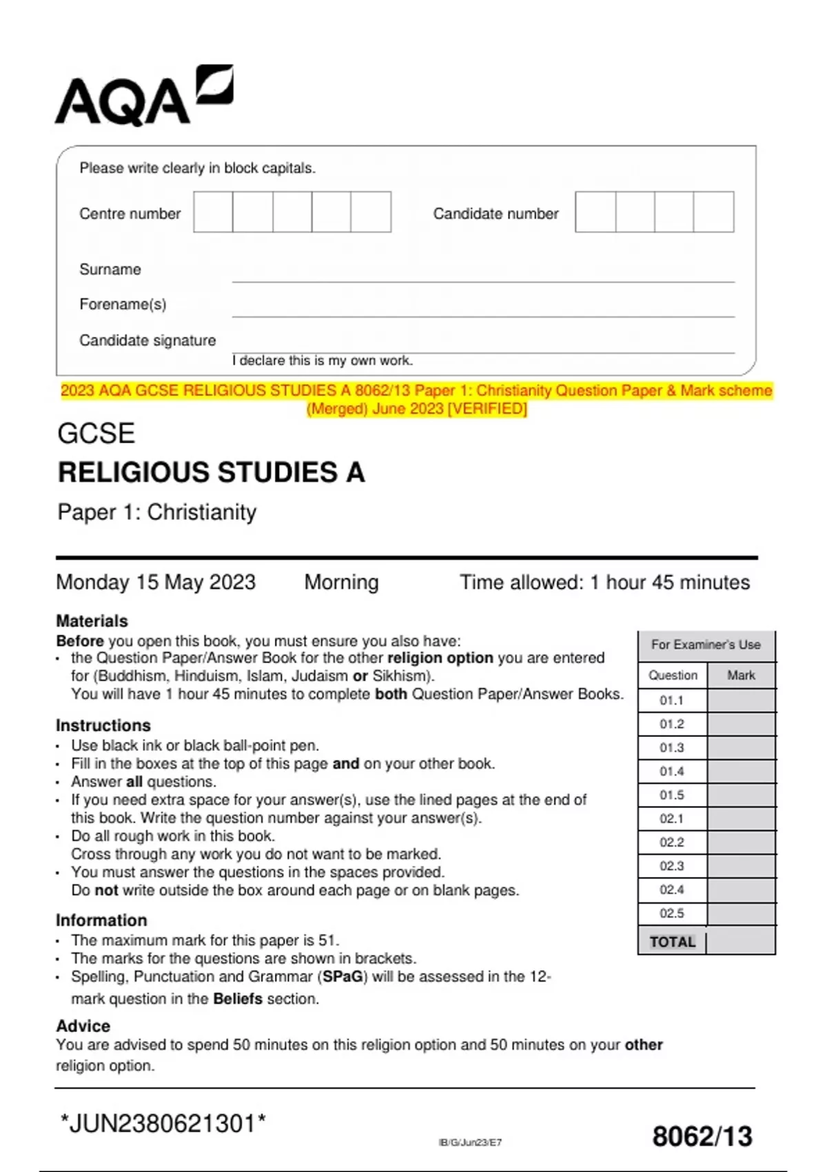 2023 AQA GCSE RELIGIOUS STUDIES (SHORT COURSE) 8061/4 Section 4 ...