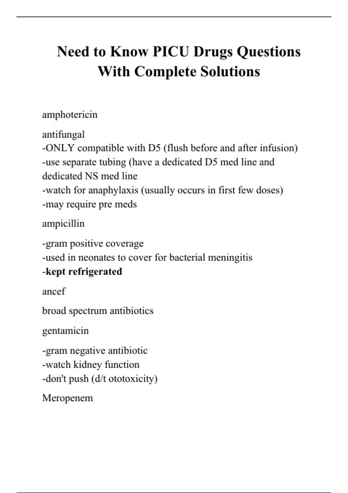 Need to Know PICU Drugs Questions With Complete Solutions - PICU - Stuvia US