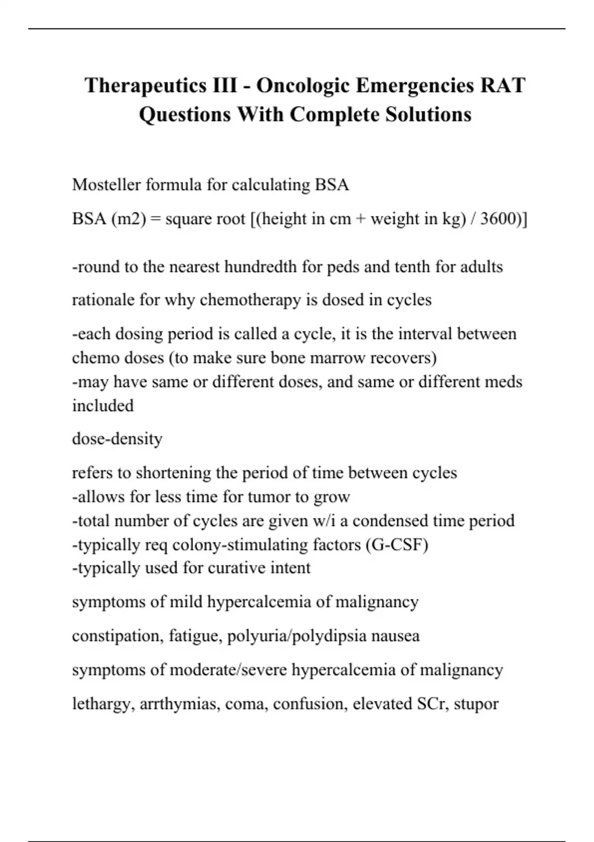 Therapeutics III - Oncologic Emergencies RAT Questions With Complete ...