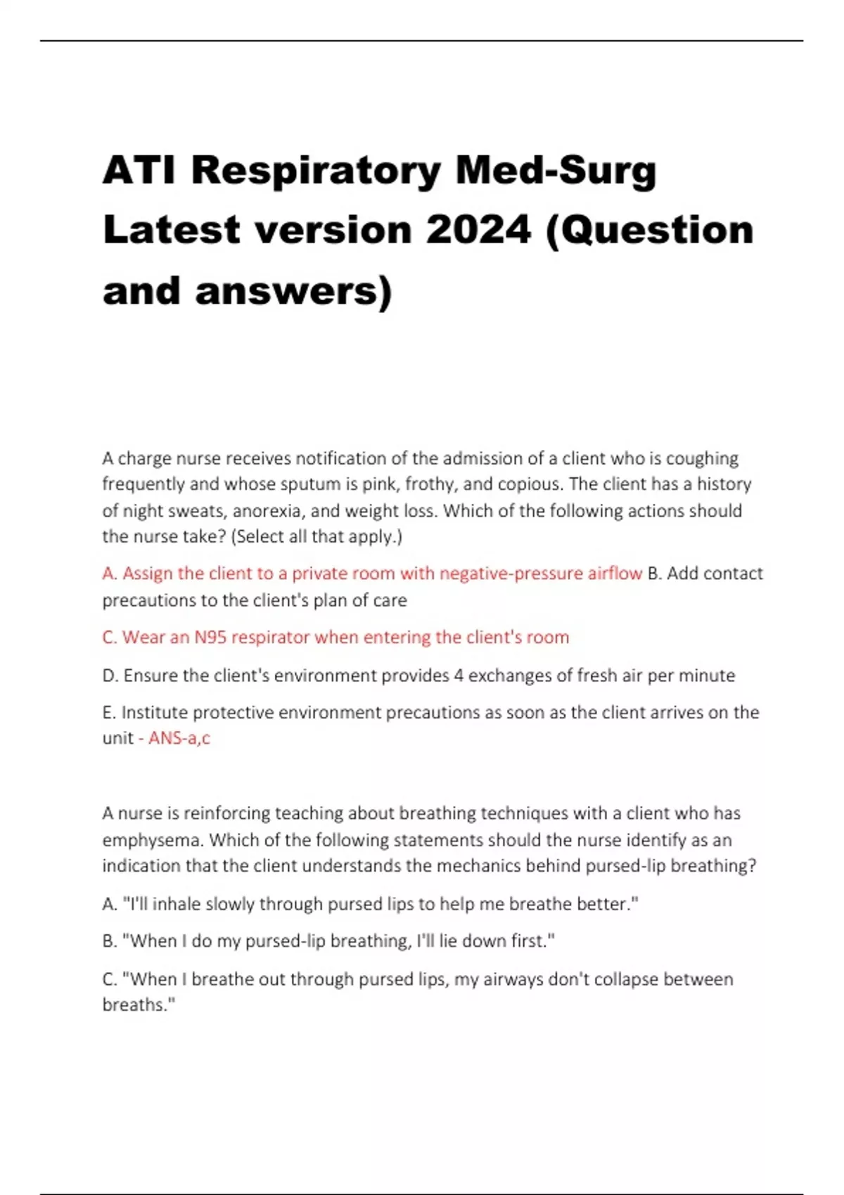 ATI Respiratory Med-Surg Latest version 2024 (Question and answers ...