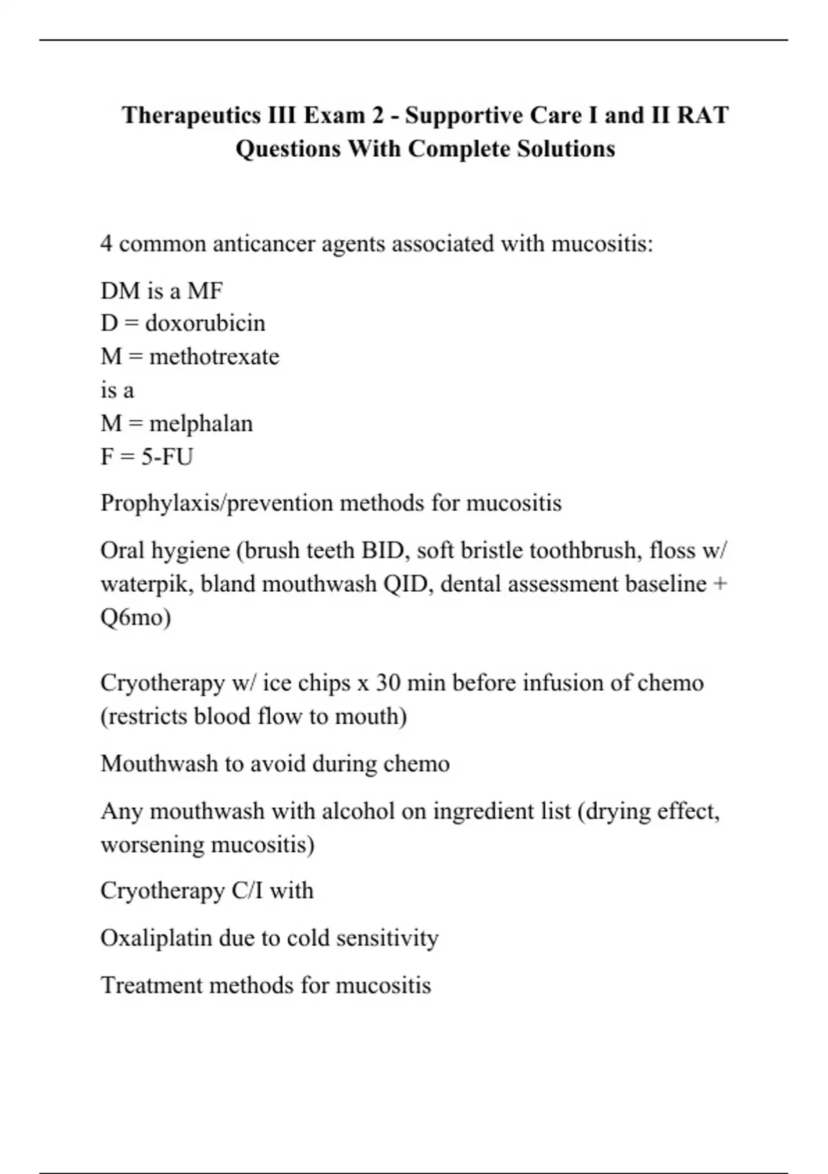 Therapeutics III Exam 2 - Supportive Care I and II RAT Questions With ...