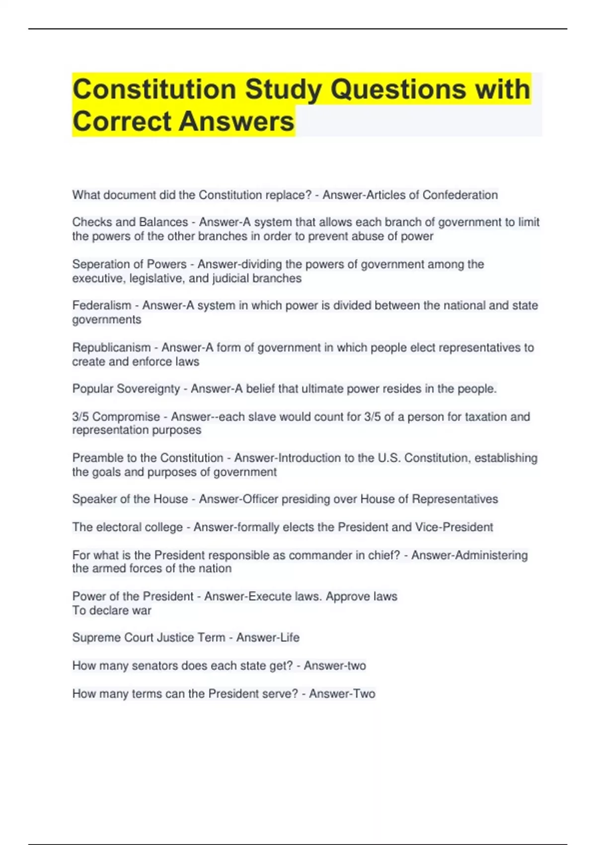 Constitution Study Questions with Correct Answers - Constitution ...