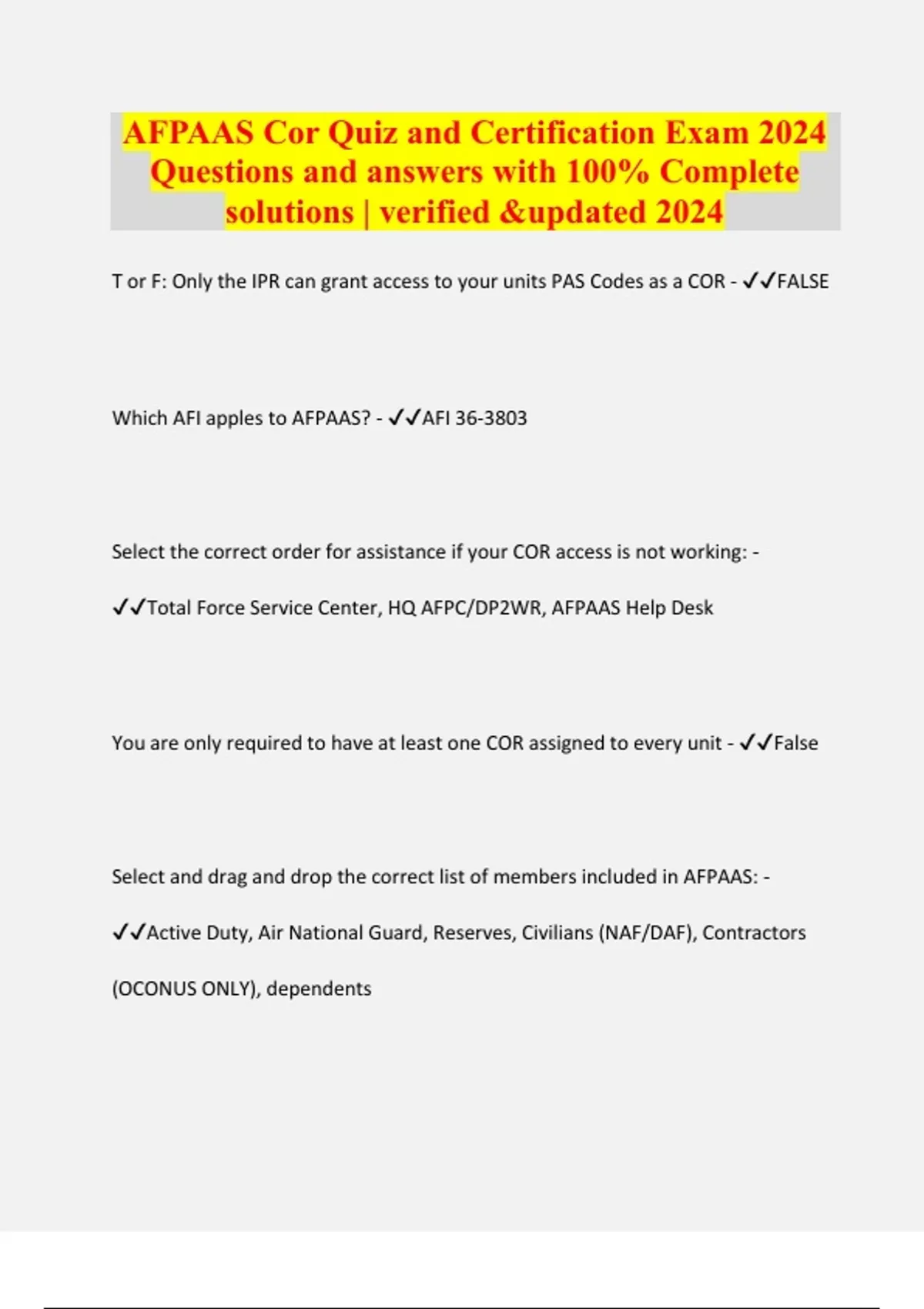 AFPAAS Cor Quiz and Certification Exam 2024 Questions and answers with ...