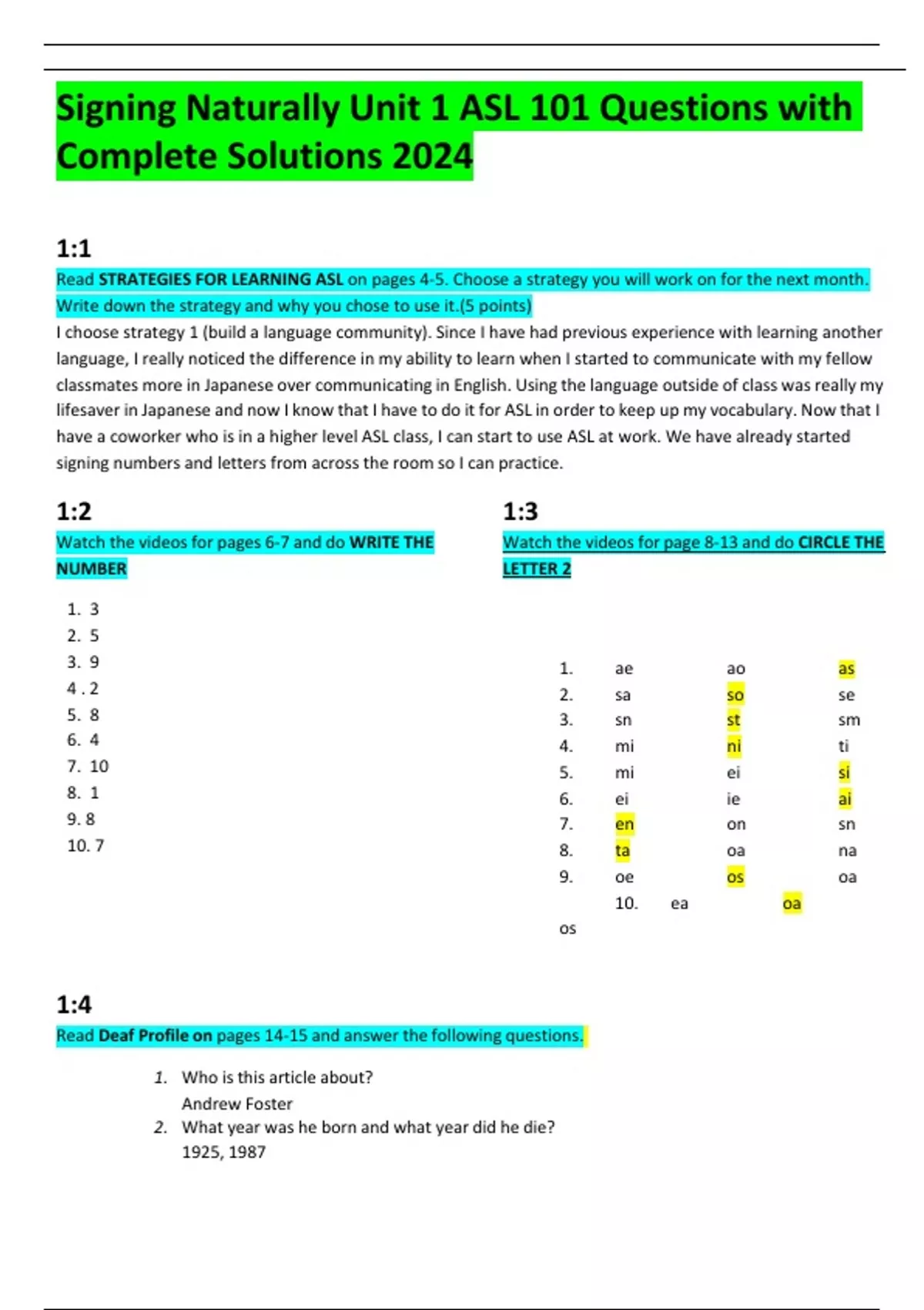 Signing Naturally Unit 1 ASL 101 Questions with Complete Solutions 2024 ...