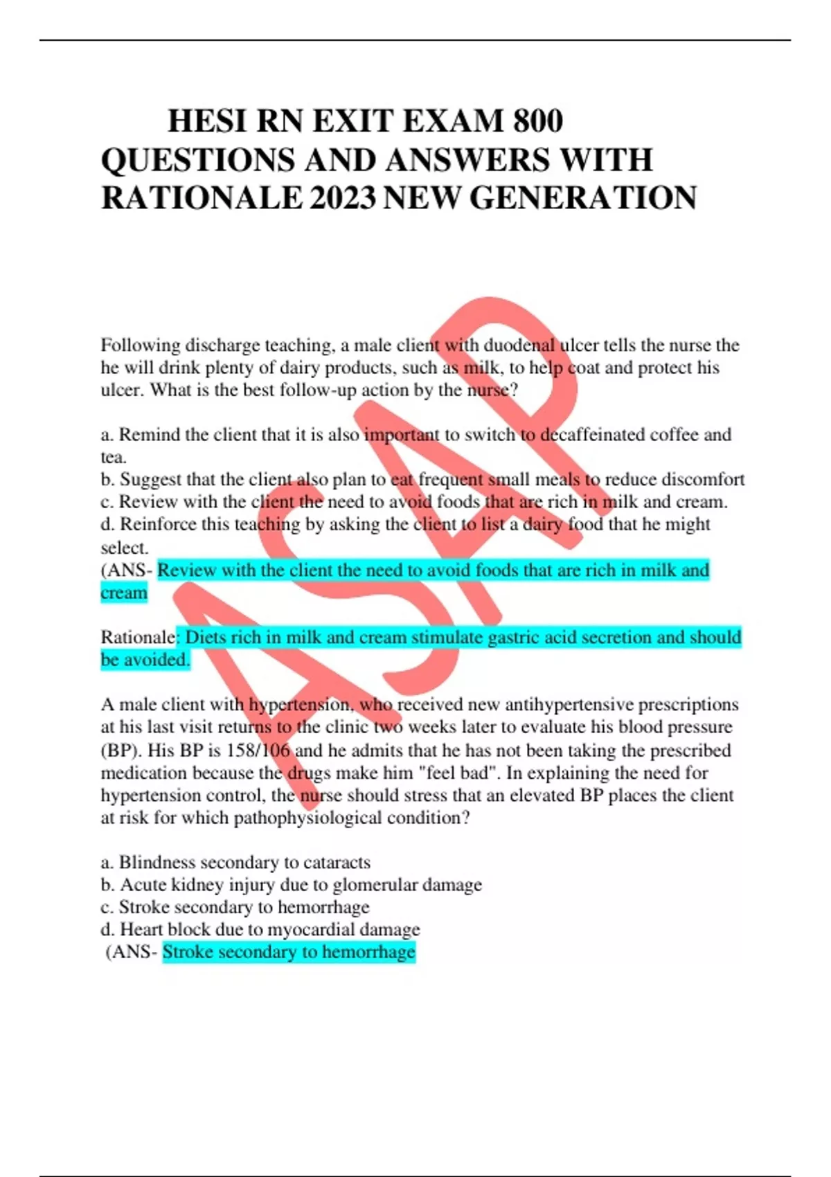 HESI RN EXIT EXAM 800 QUESTIONS AND ANSWERS WITH RATIONALE 2023 NEW ...