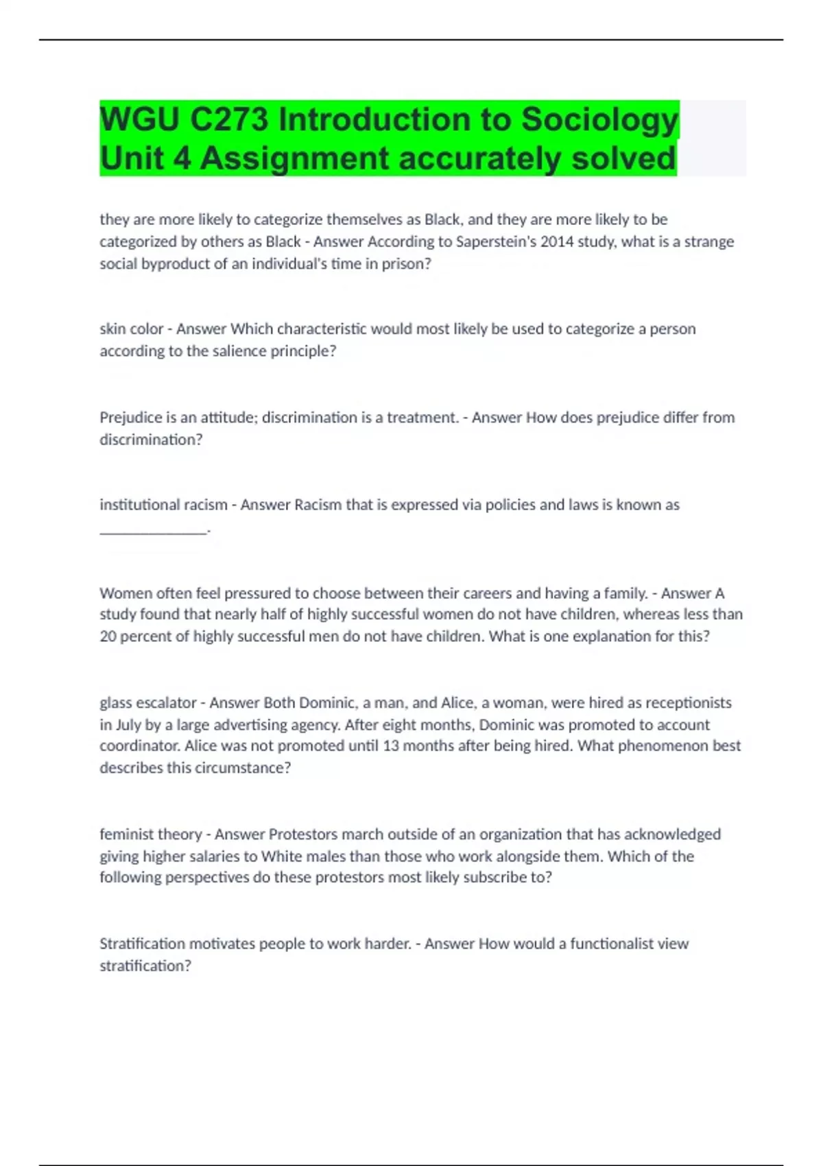 WGU C273 Introduction to Sociology Unit 4 Assignment accurately solved ...