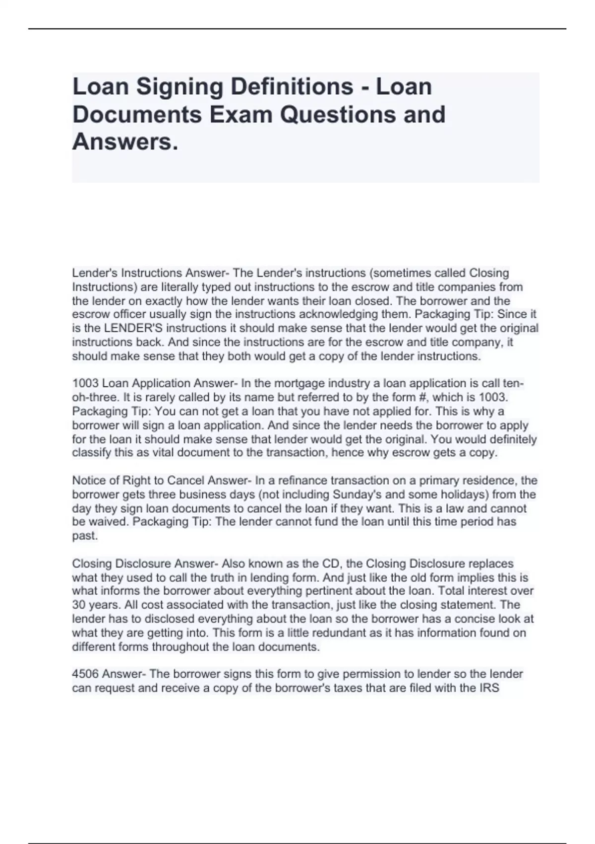 Loan Signing Definitions - Loan Documents Exam Questions and Answers ...