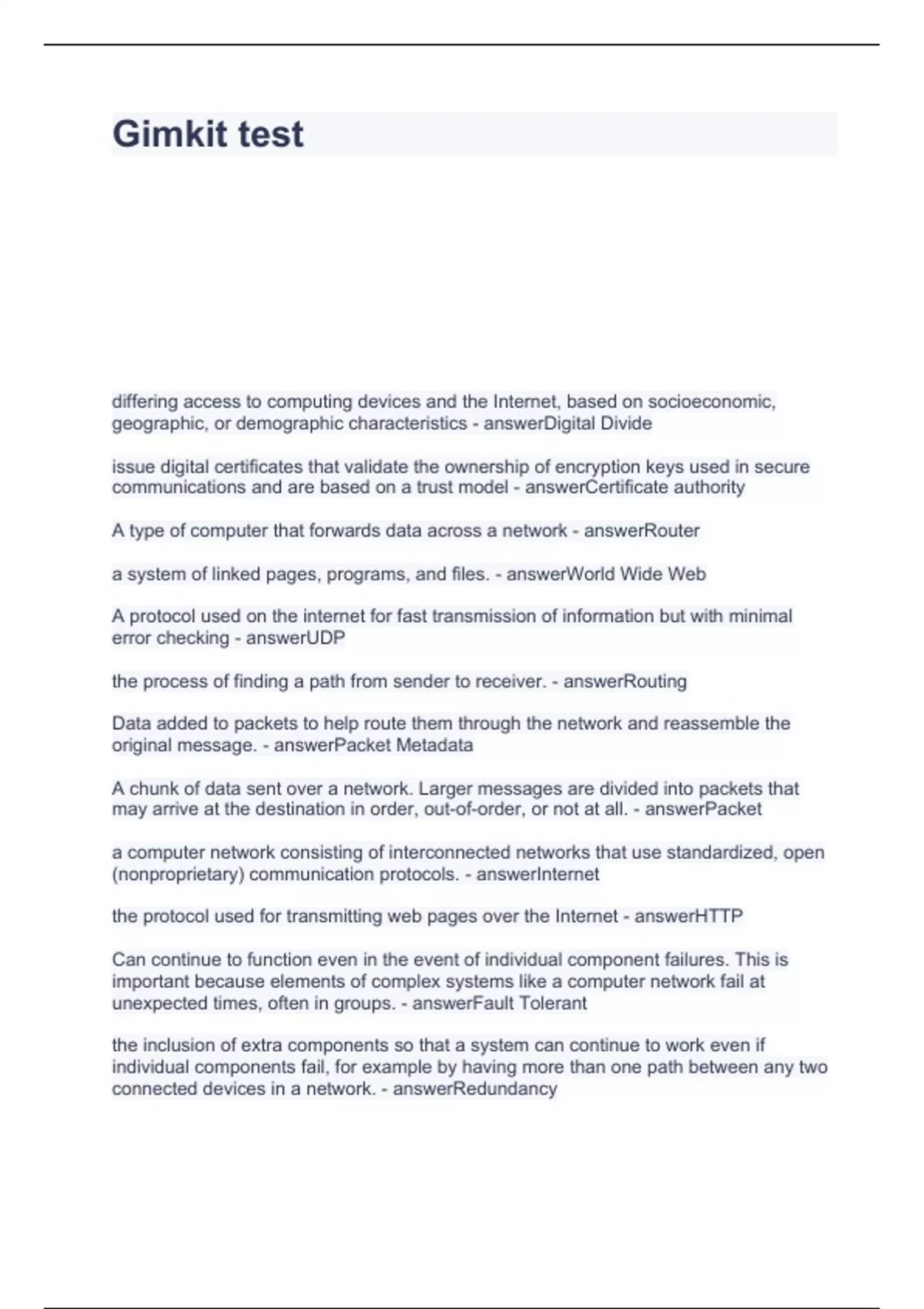 Gimkit test questions with best solutions - Gimkit - Stuvia US