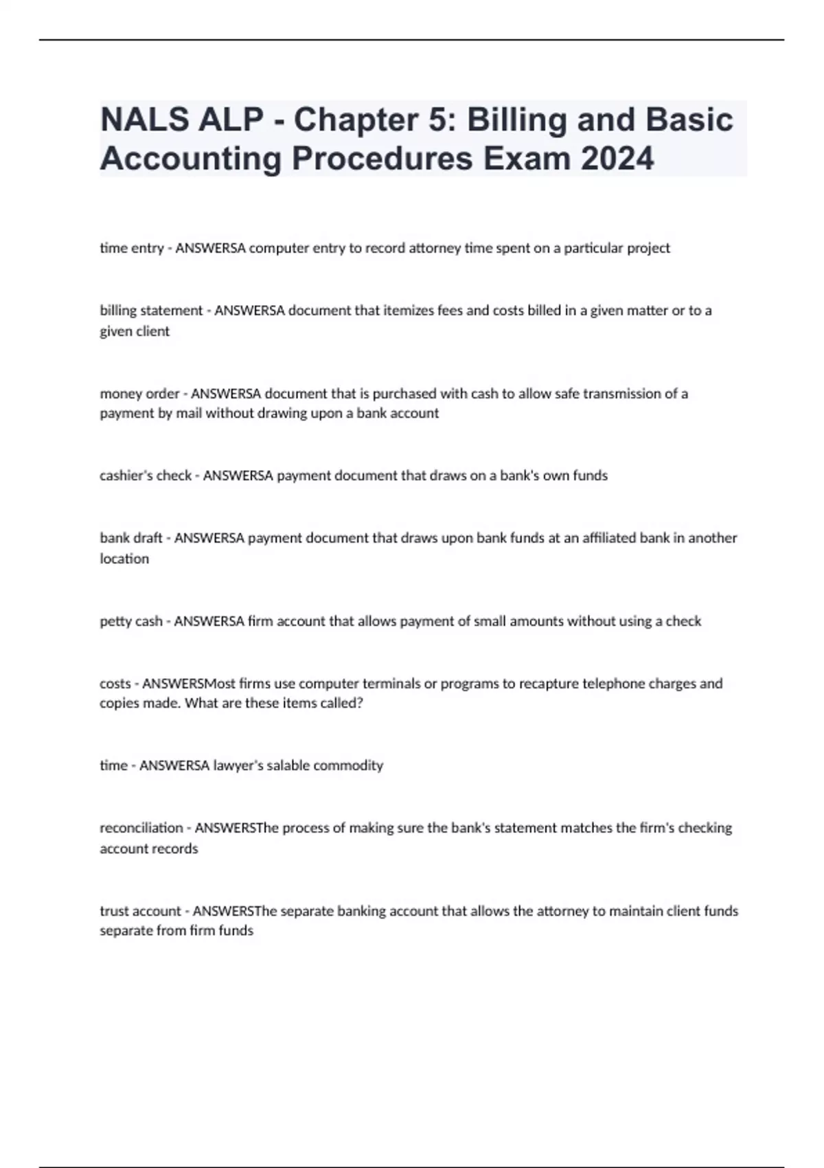 NALS ALP - Chapter 5: Billing and Basic Accounting Procedures Exam 2024 - NALS ALP - Chapter 5 ...