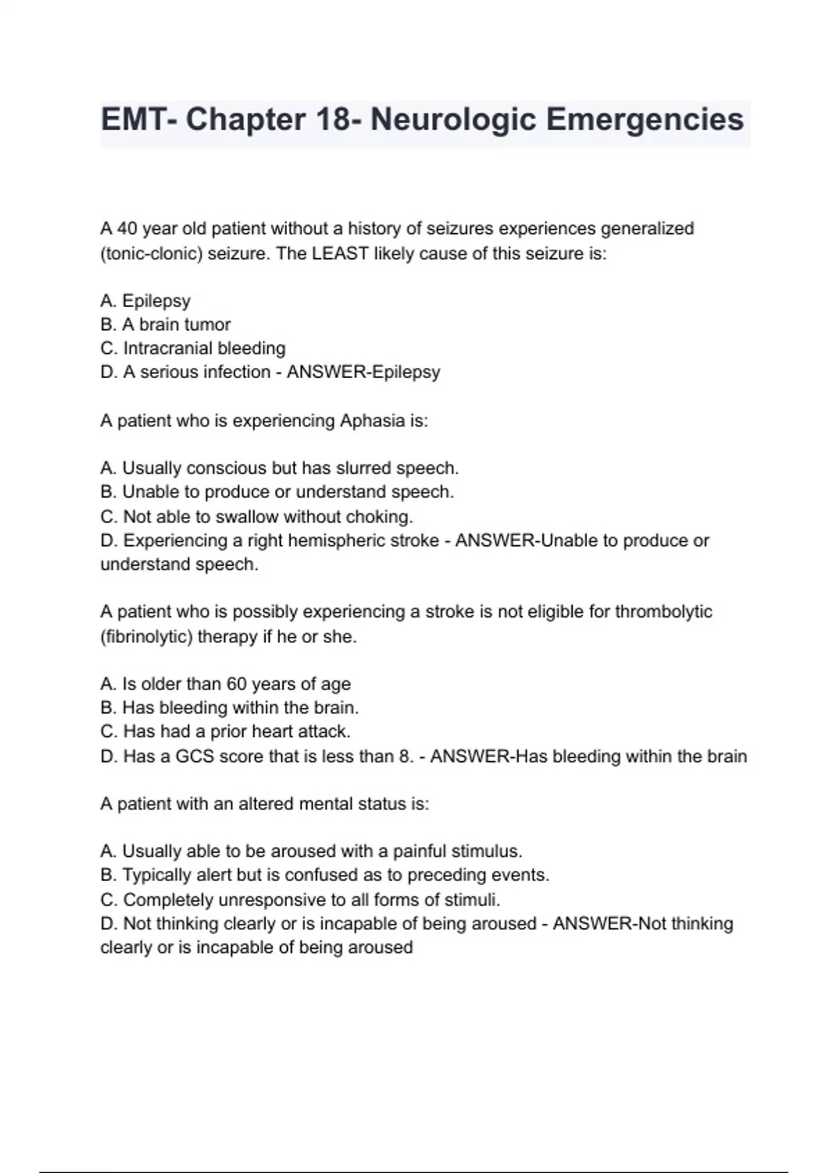 EMT- Chapter 18- Neurologic Emergencies questions and answers - EMT ...