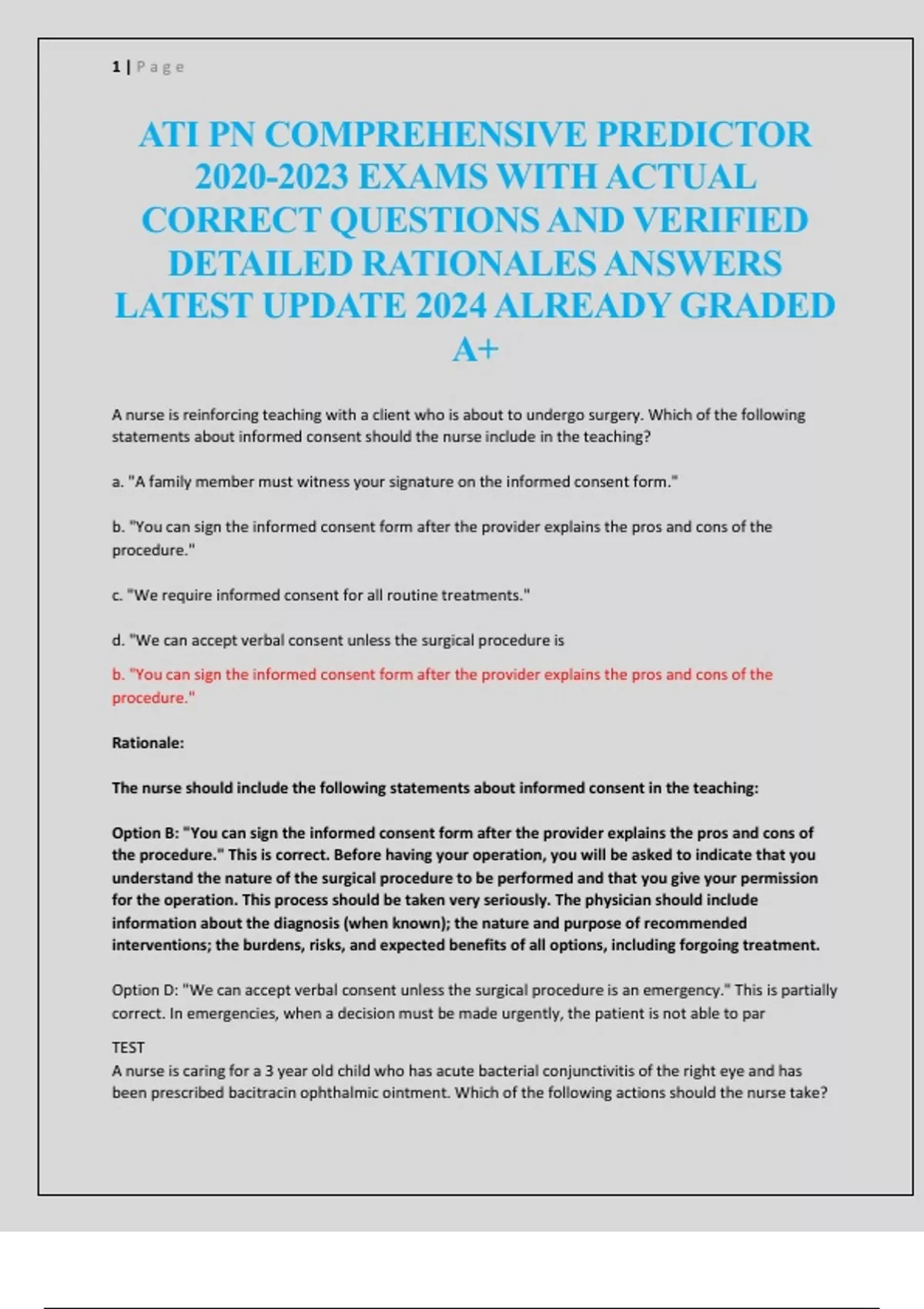 ATI PN COMPREHENSIVE PREDICTOR EXAMS WITH ACTUAL CORRECT QUESTIONS AND ...