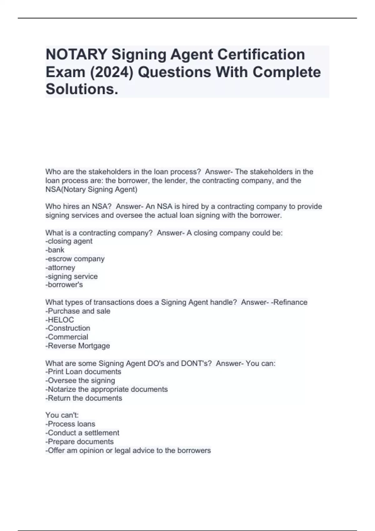 NOTARY Signing Agent Certification Exam (2024) Questions With Complete ...