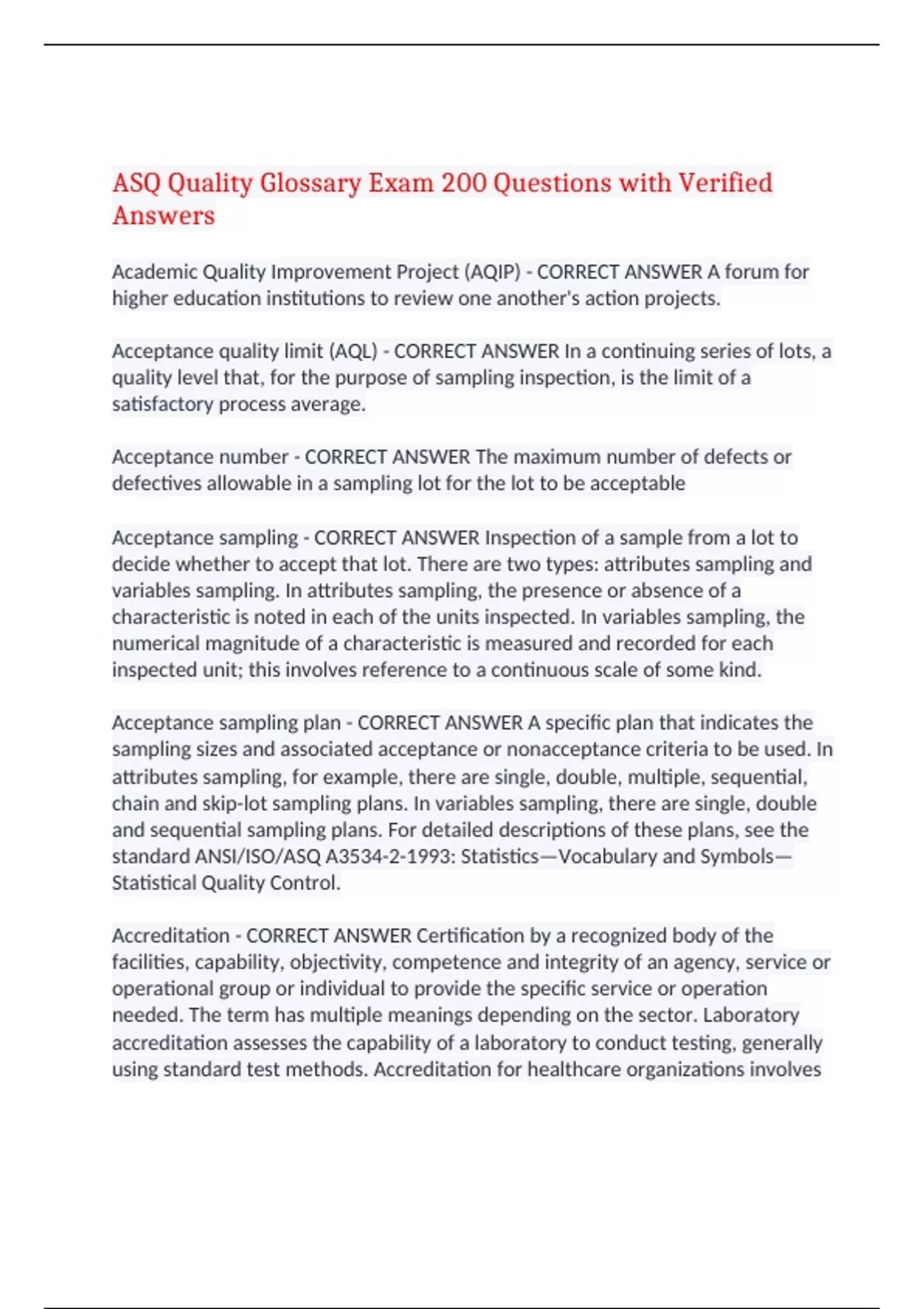 ASQ Quality Glossary Exam 200 Questions with Verified Answers,100% CORRECT - ASQ Quality ...
